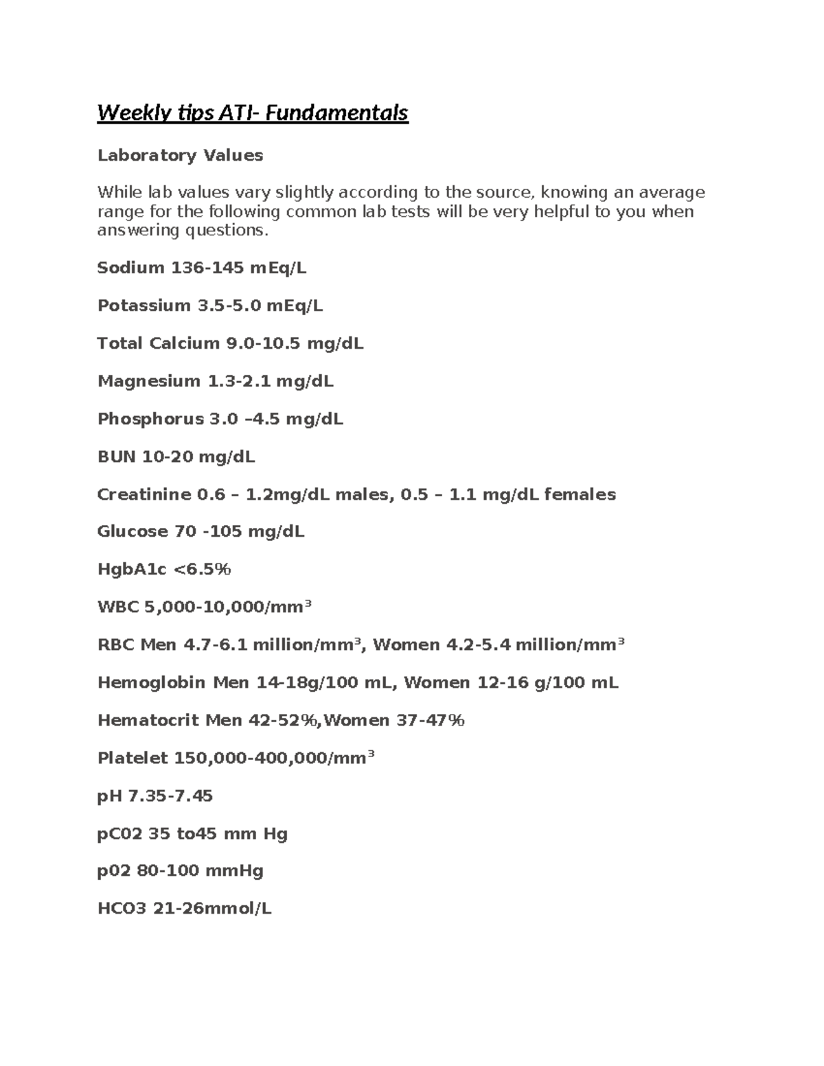 Weekly tips ATI - ati tips - Weekly tips ATI- Fundamentals Laboratory ...