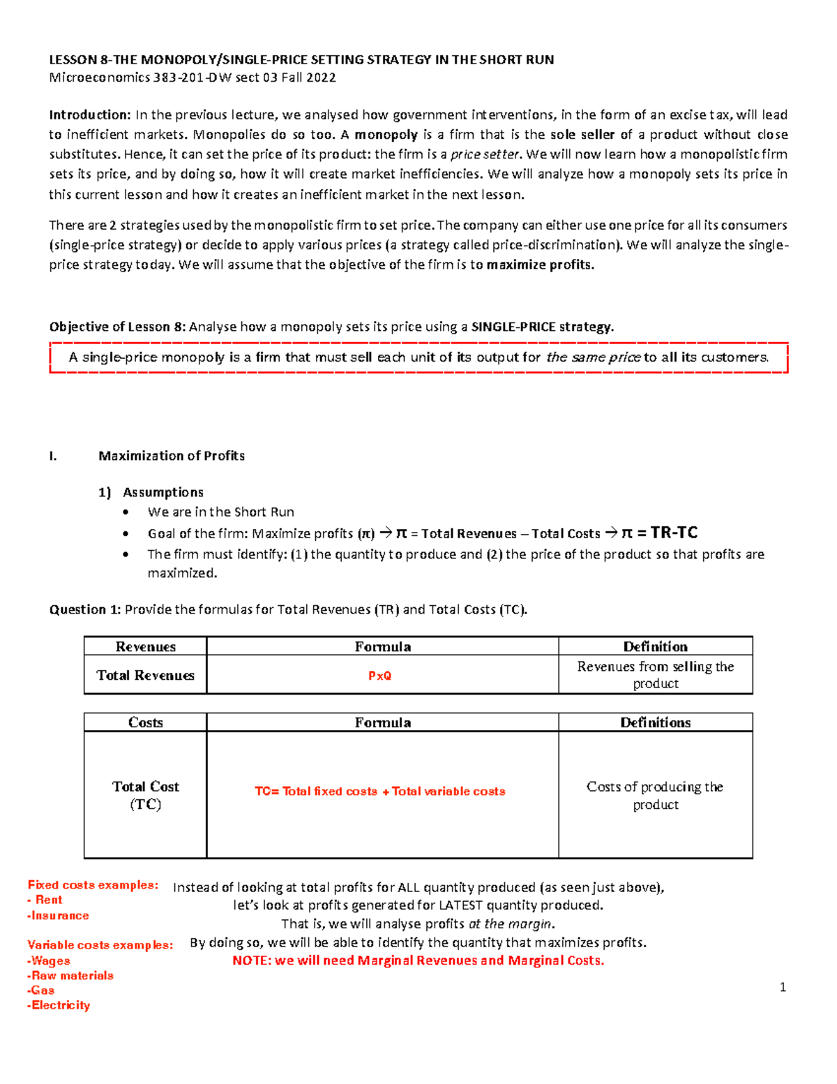 Lesson 8-Monopoly-Single-Price Strategy Microeconomics F22 - LESSON 8 ...