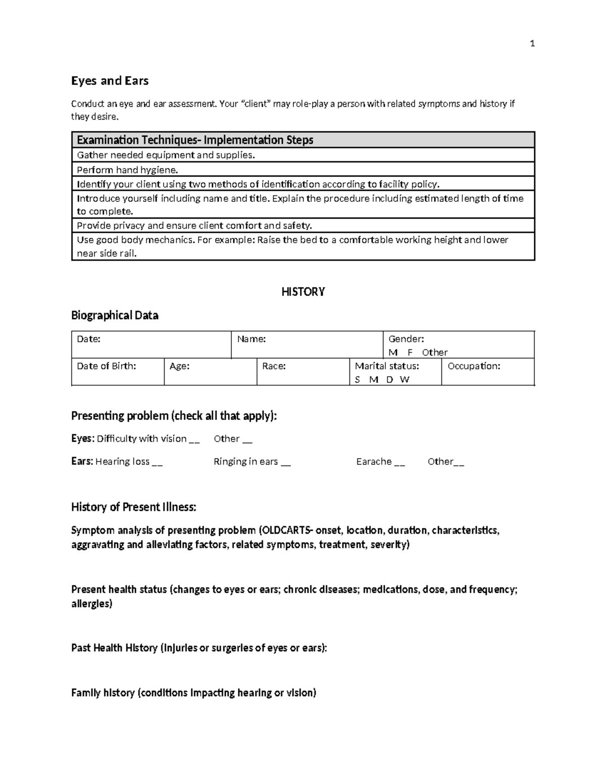 Chapter 10 & 11 Ears and Eyes Checklist - 1 Eyes and Ears Conduct an ...