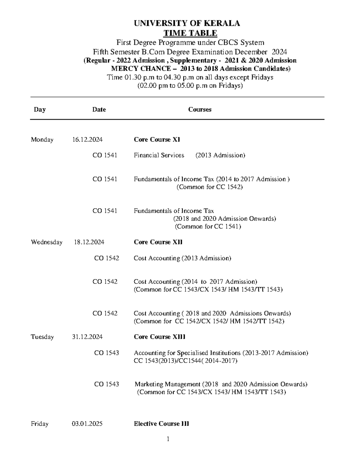 95208 - Timetable - 1 UNIVERSITY OF KERALA TIME TABLE First Degree Programme under CBCS System ...