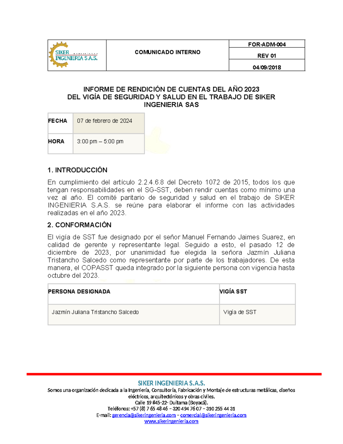 FOR-ADM-004 Comunicado Interno Informe Anual Copasst - COMUNICADO INTERNO FOR-ADM- REV 01 04/09 ...