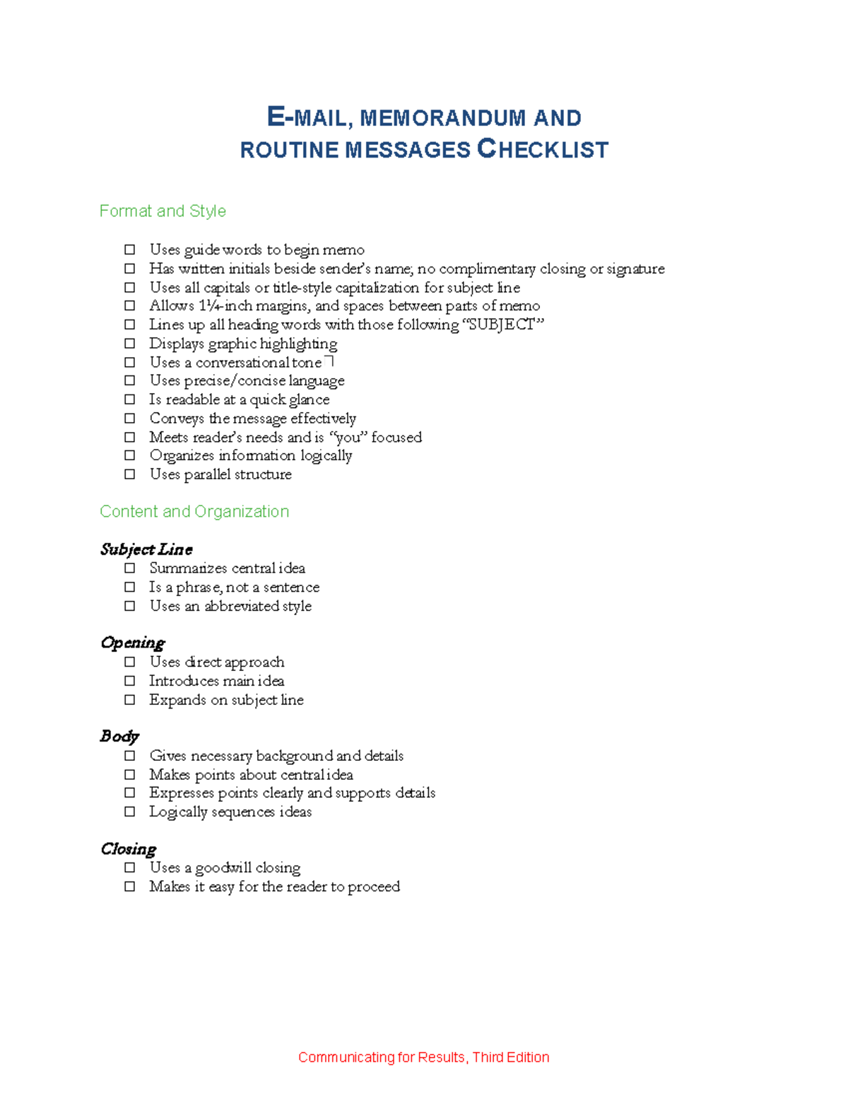Email, memorandum and routine messages - E-MAIL, MEMORANDUM AND ROUTINE MESSAGES CHECKLIST ...