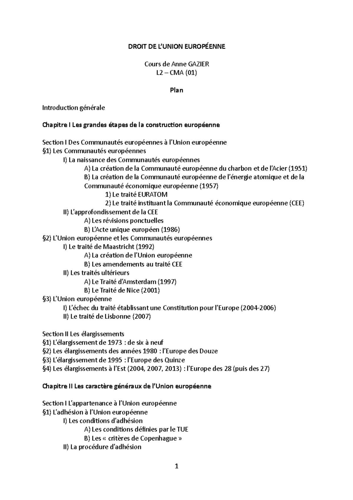 Plan cours Droit de l UE - DROIT DE L’UNION EUROPÉENNE Cours de Anne ...