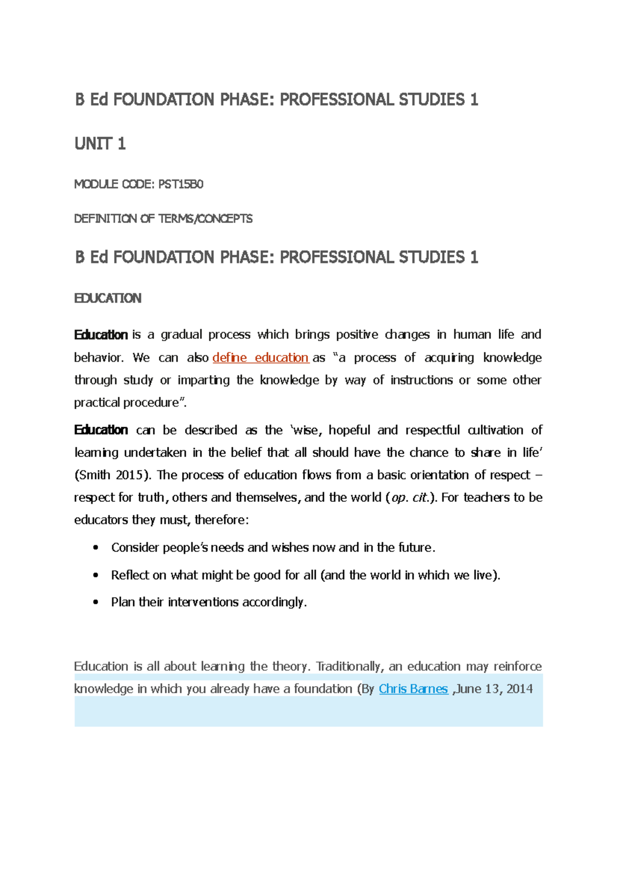 Professional studies Unit 1 Definition of Educational terms - B Ed ...