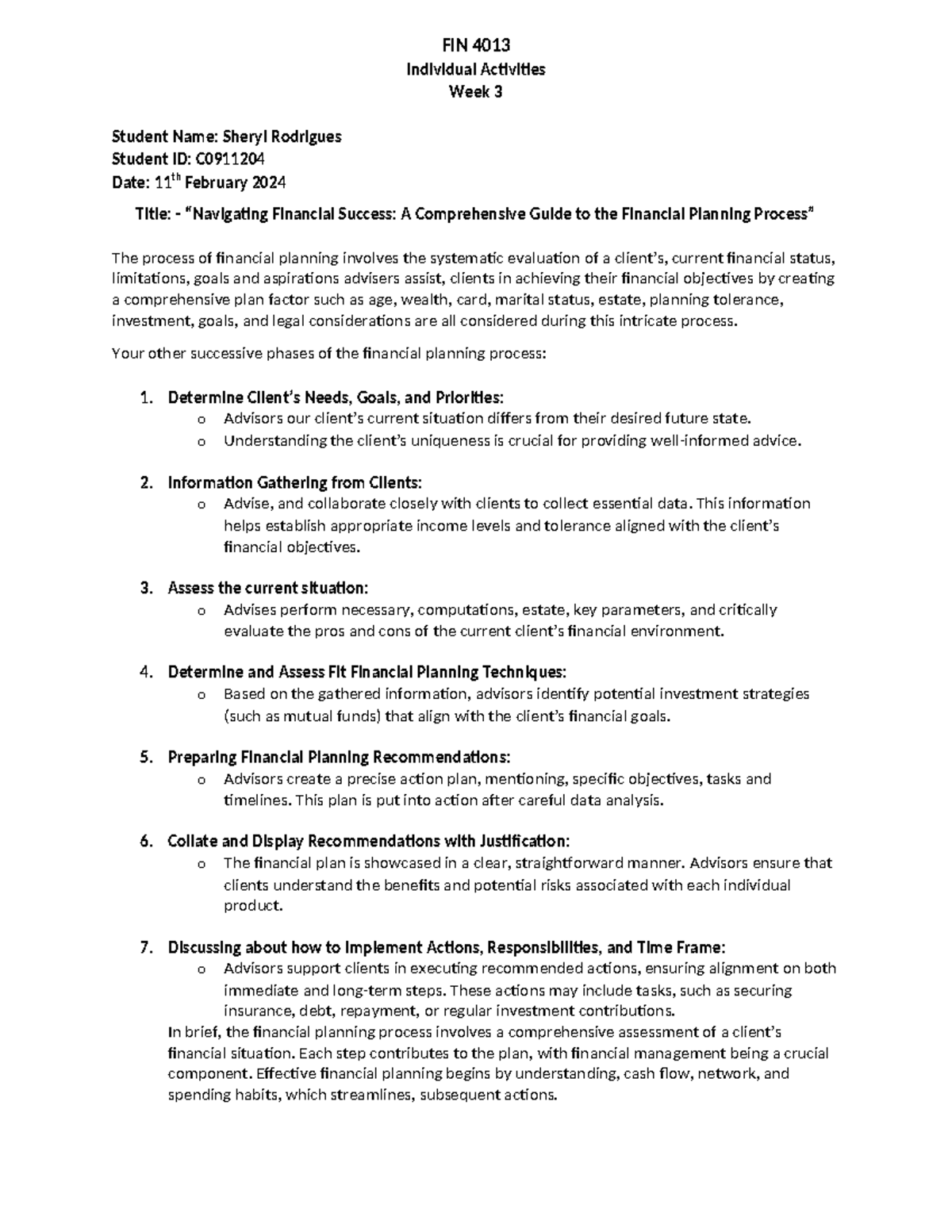 FIN 4013 Week 3 - class assignment - FIN 4013 Individual Activities ...