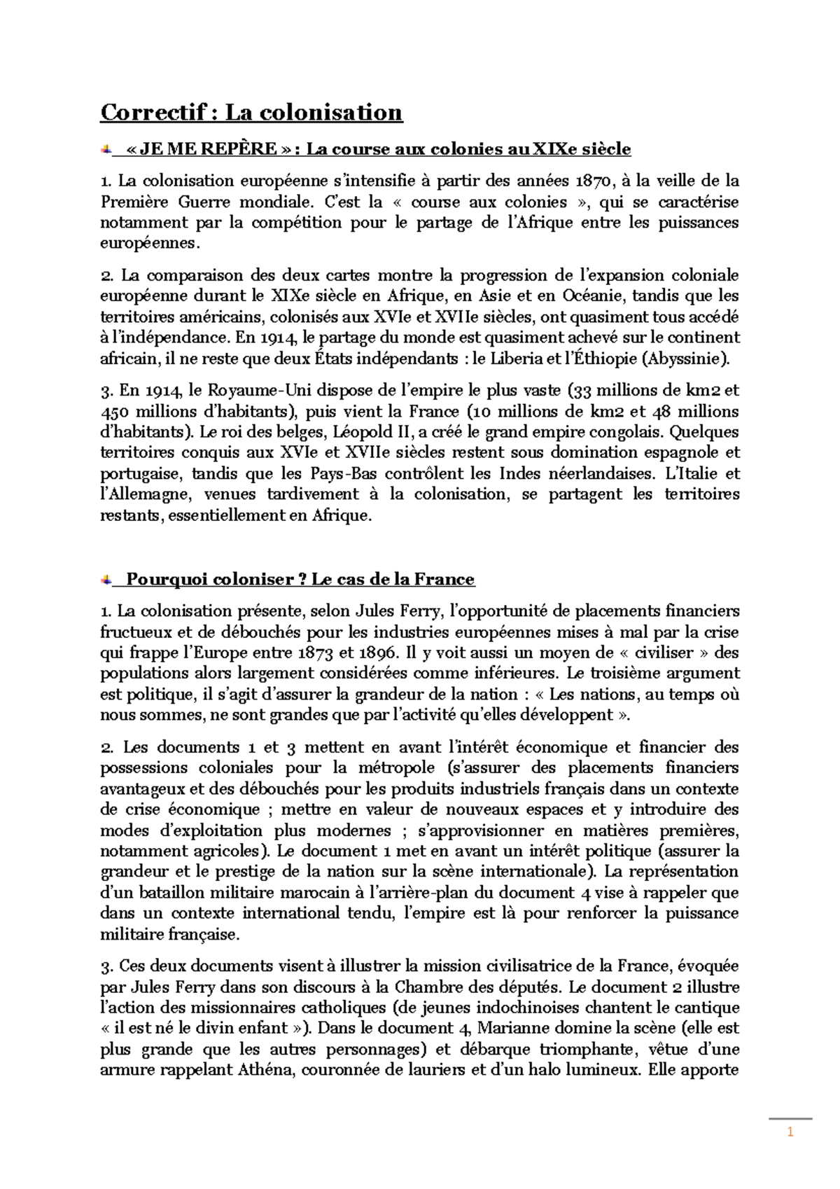 Correctif Cours 2020 - Correctif : La colonisation « JE ME REPÈRE ...