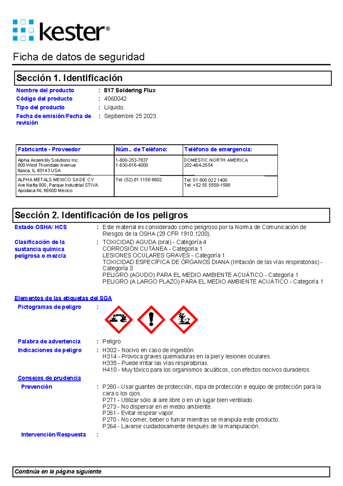 4060042 Kester SDS GHS Mexico Spanish (MX) - Tipo del producto Líquido ...