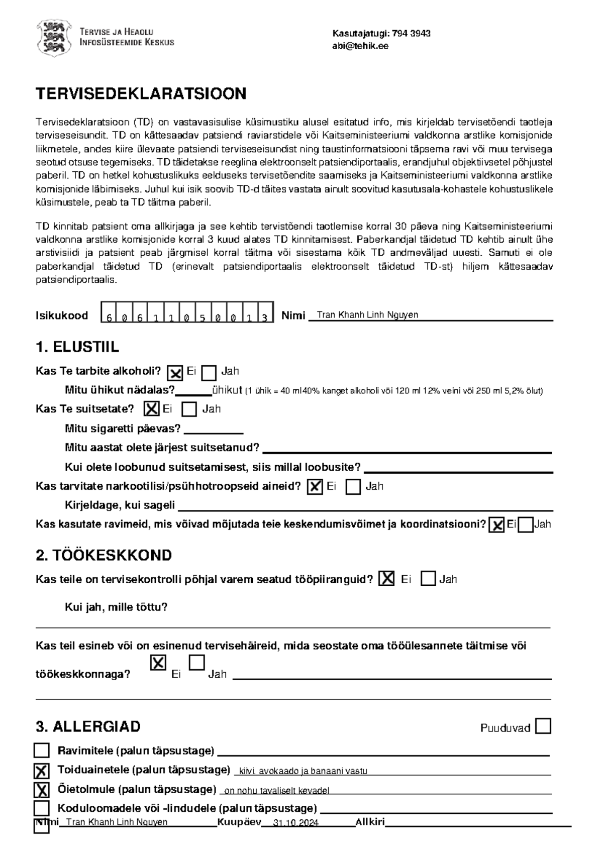 Tervisedeklaratsioon EST - abi@tehik TERVISEDEKLARATSIOON ...