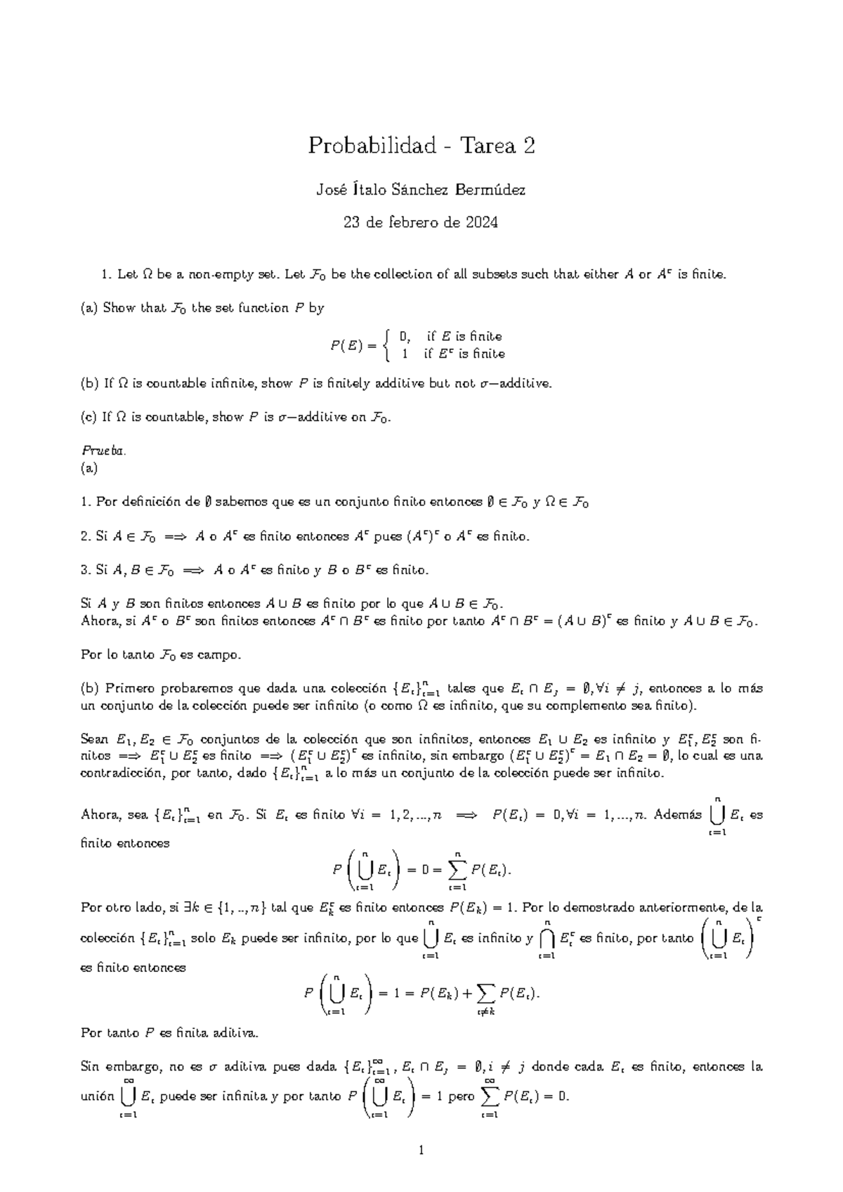Tarea 2 - Ejercicios capítulo 2 del libro "A Probability Path" - Probabilidad - Tarea 2 José ...