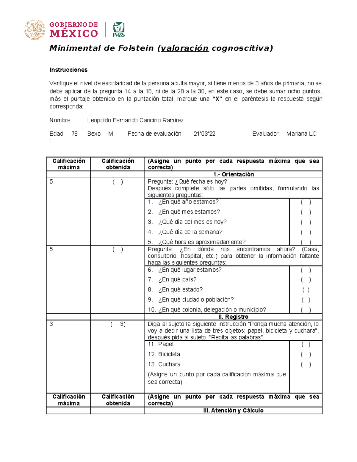 Fernando Cancino Minimmental - Minimental de Folstein (valoración ...