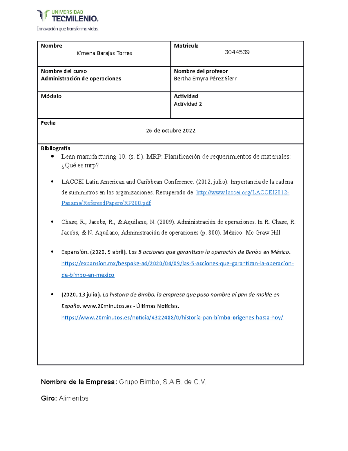 Actividad 2 - Nombre Ximena Barajas Torres Matricula 3044539 Nombre del ...