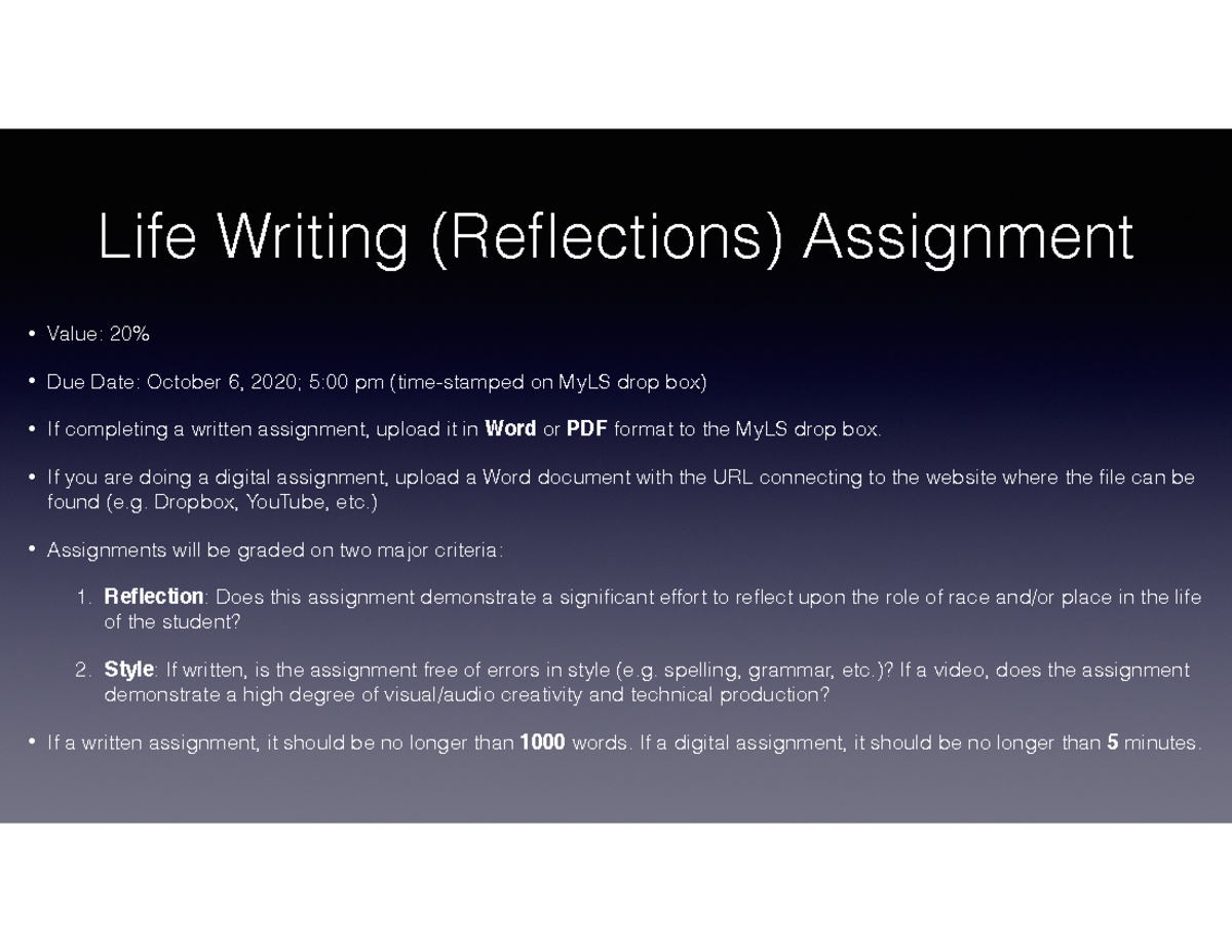Life Reflections Assignment Instructions - Life Writing (Reflections ...