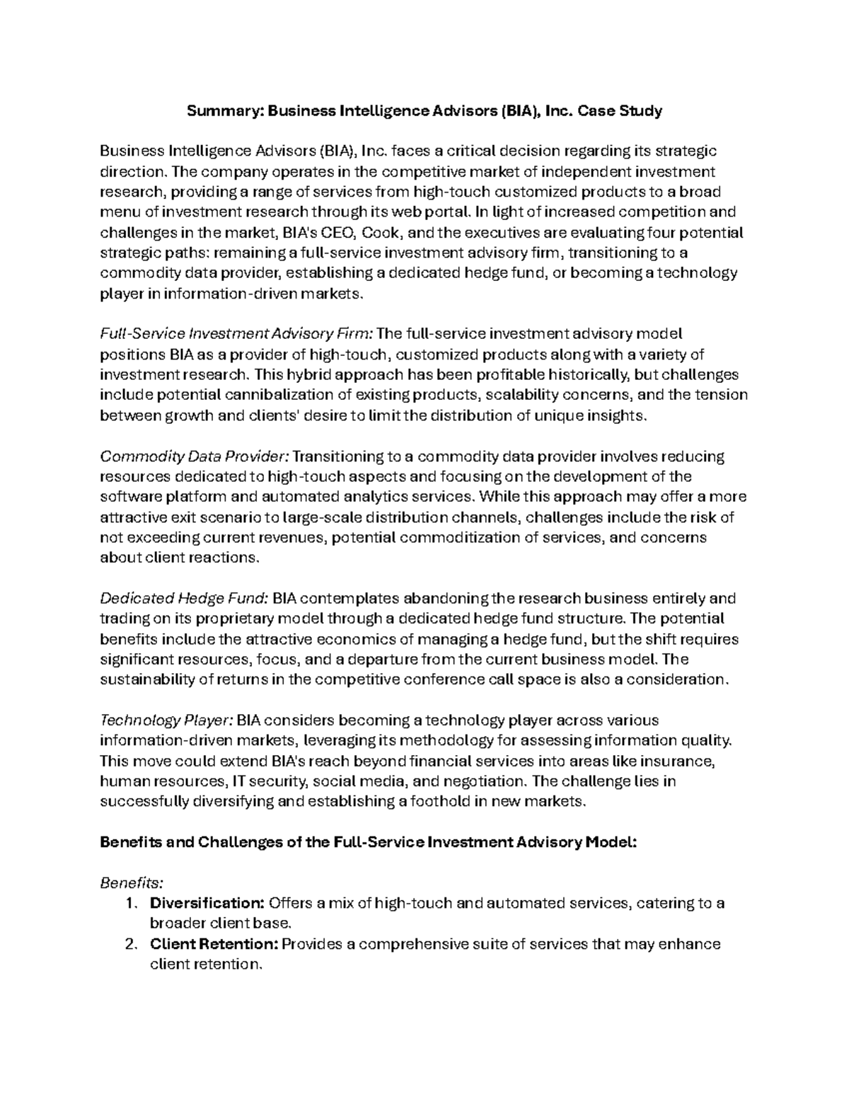 Business Intelligence Advisors (BIA), Inc. Case Study - Summary ...