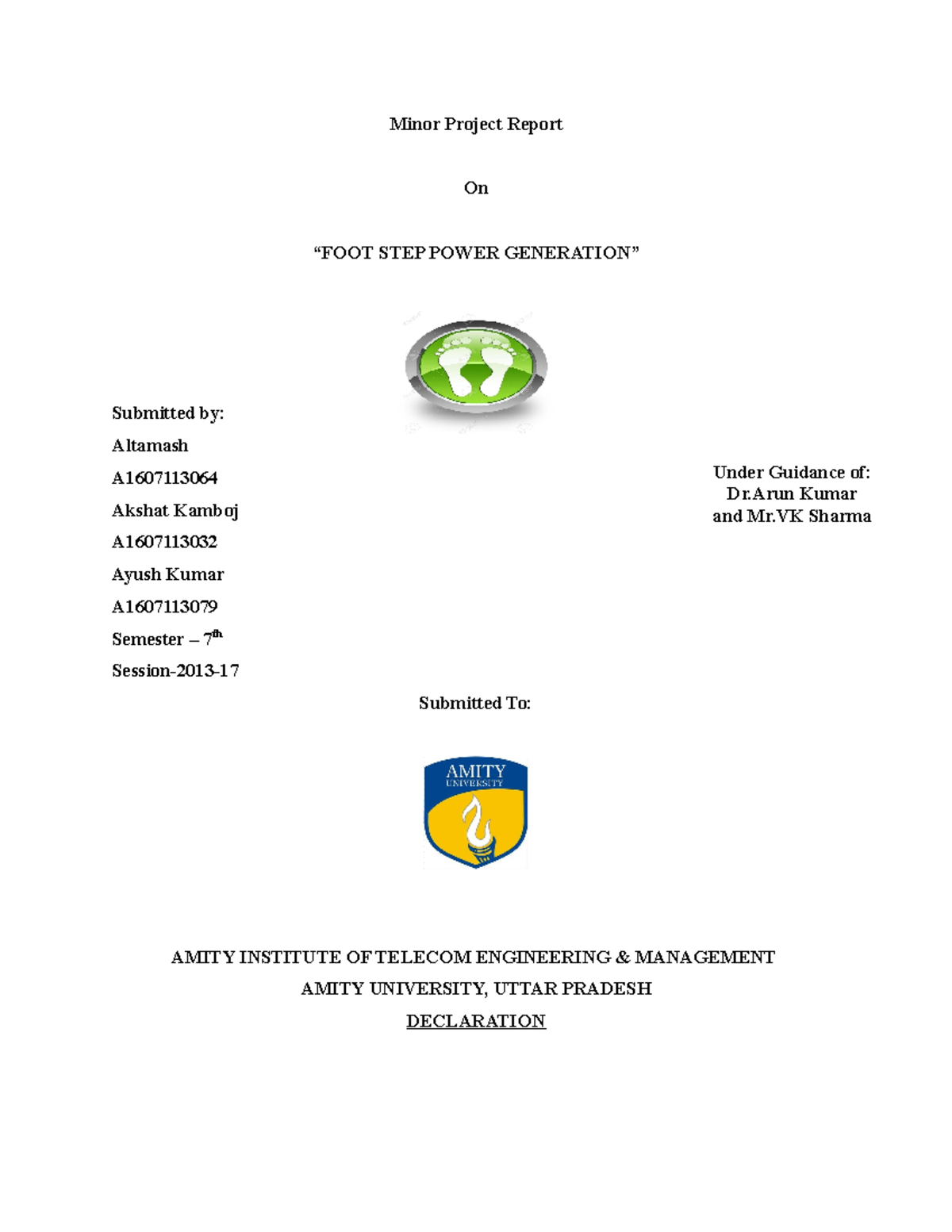 Minor Project Report On FOOT STEP Power - Minor Project Report On “FOOT ...