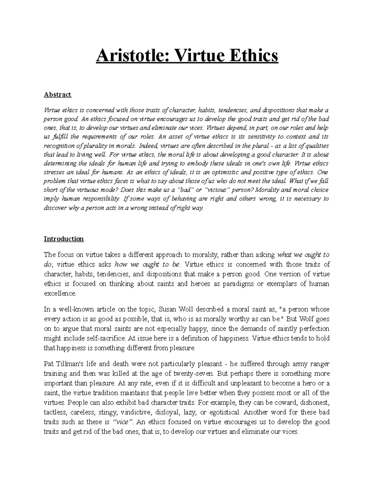 Virtue Ethics - Aristotle: Virtue Ethics Abstract Virtue ethics is ...