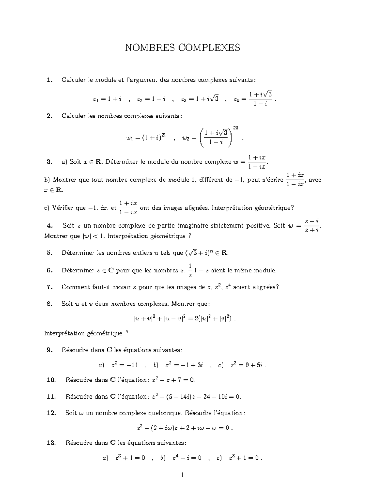 Exo Complexes - NOMBRES COMPLEXES Calculer le module et l’argument des ...