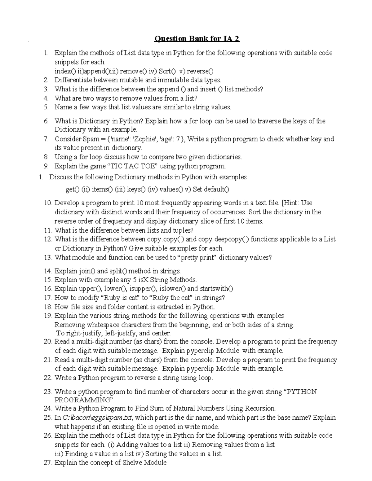 Question Bank for IA 2-1 - Question Bank for IA 2 Explain the methods ...