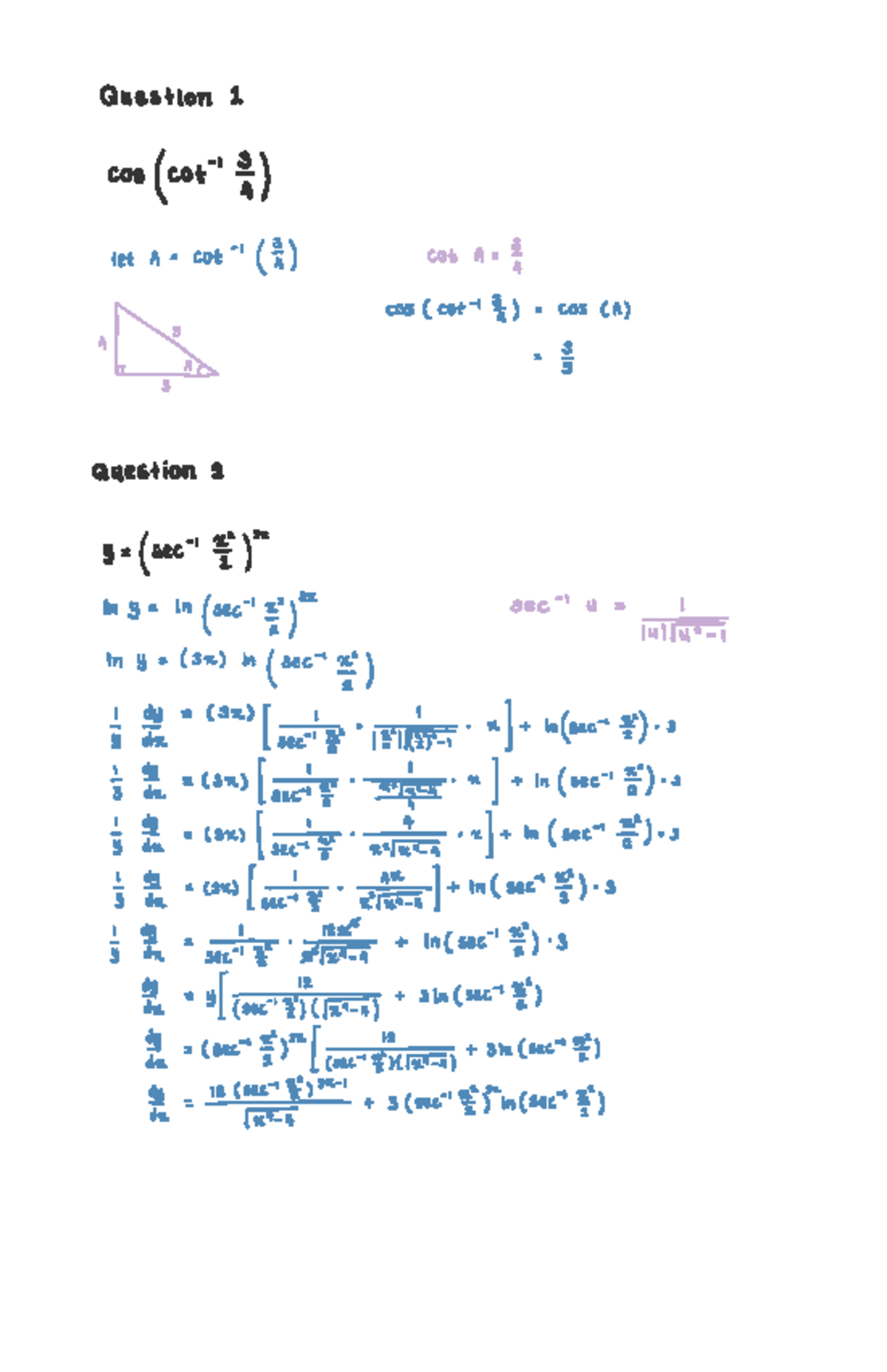 example question with answer - Question 1 COS (cot-2) let A= cot-'(s ...