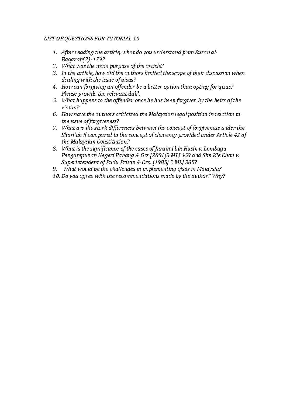 LIST OF Questions FOR Tutorial - LIST OF QUESTIONS FOR TUTORIAL 10 ...