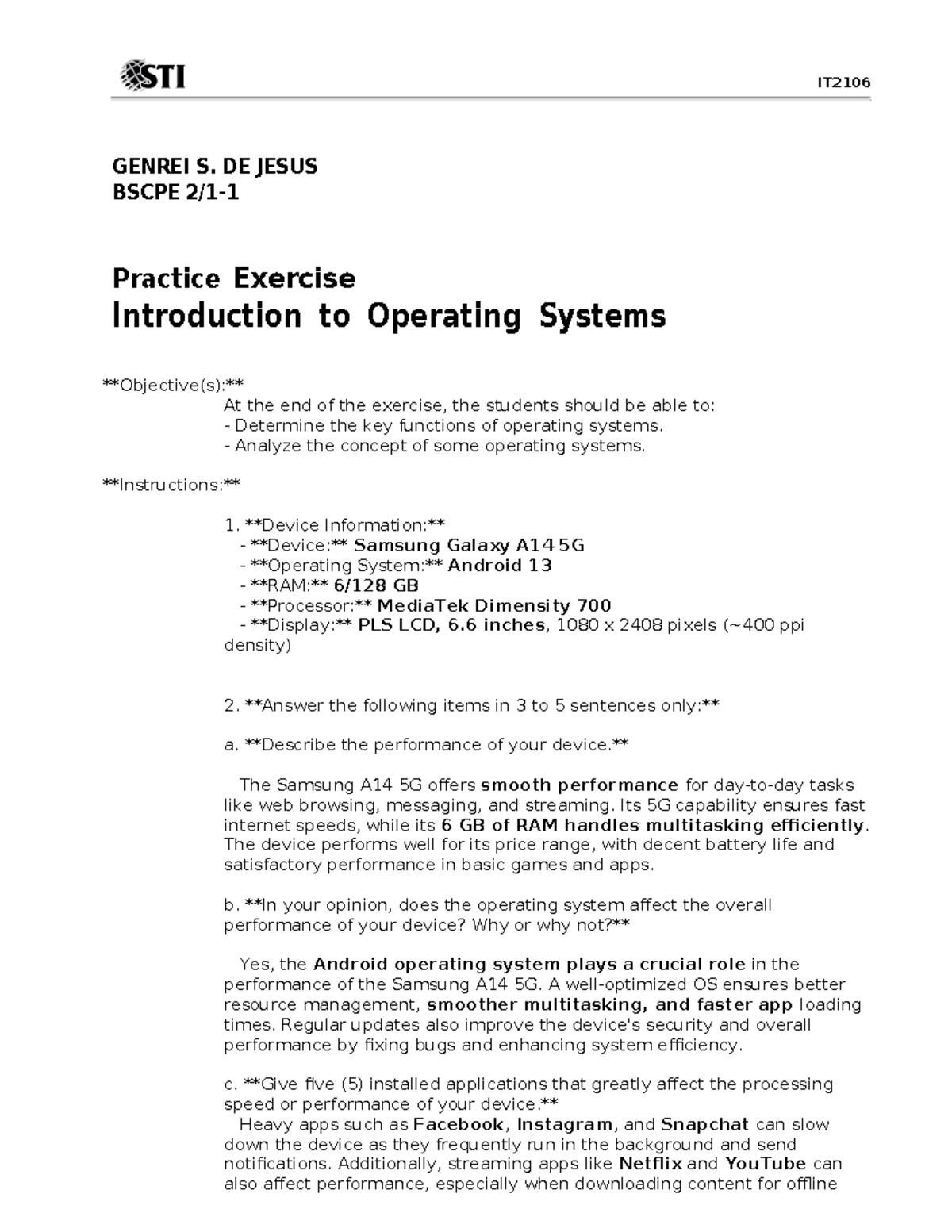01 Practice Exercise 12 os DE Jesus - IT GENREI S. DE JESUS BSCPE 2/1- Practice Exercise - Studocu