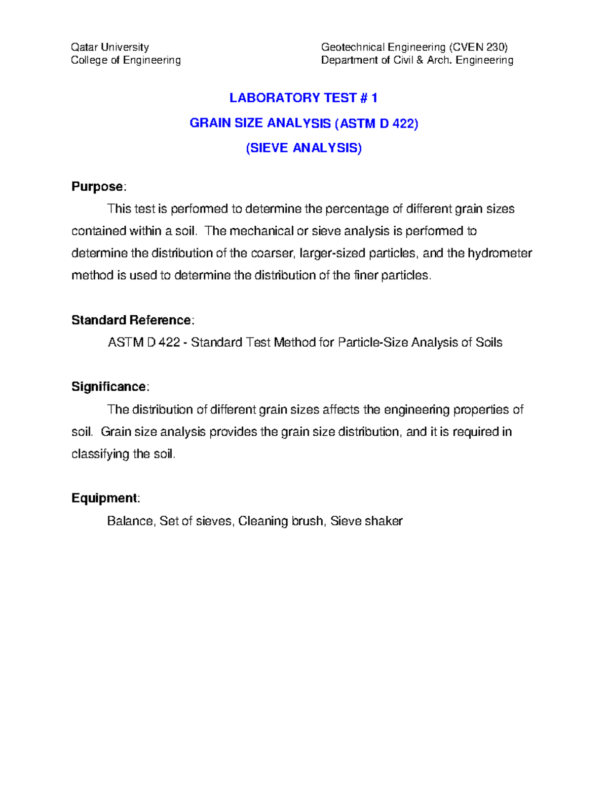 Geotechnical Laboratory Manual - College of Engineering Department of ...