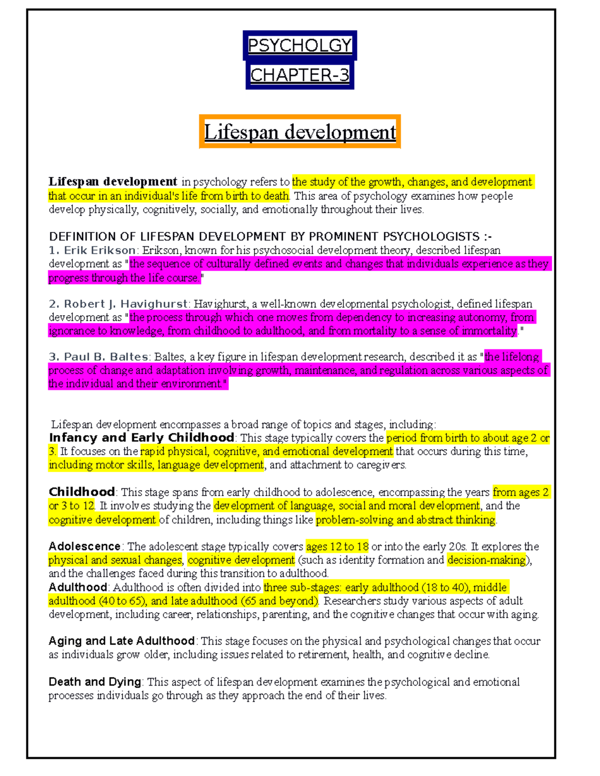 Psycholgy Chapter 3 Lifespan Development-1 - PSYCHOLGY CHAPTER ...