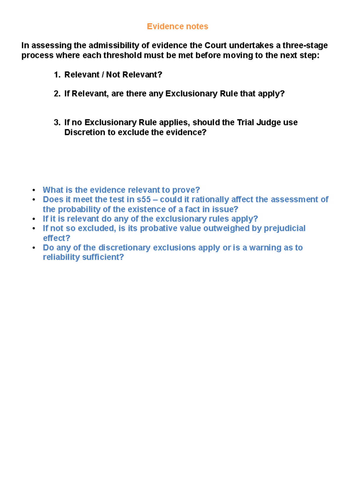 Evidence-notes - Notes to assist in open book exam. - Evidence notes In ...
