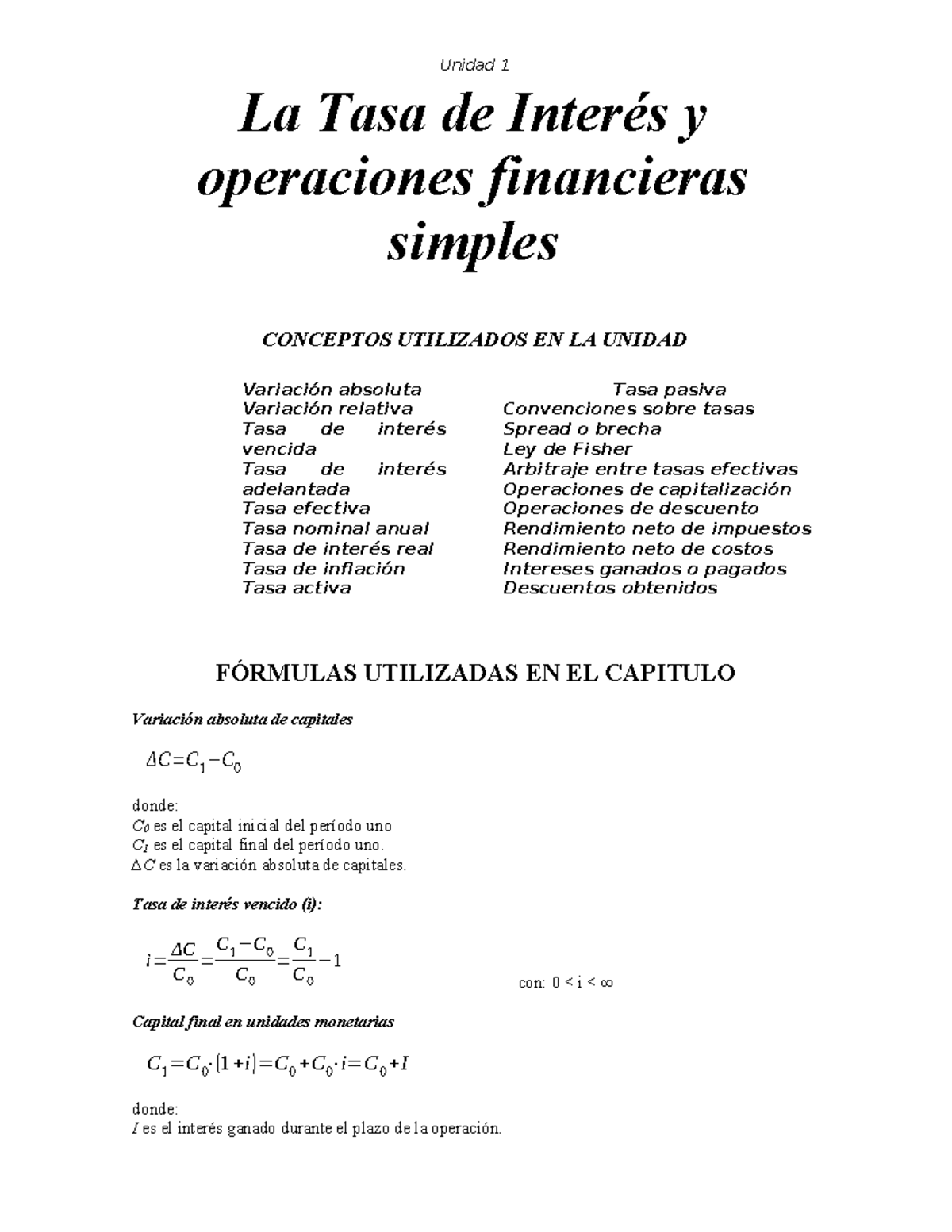 U1 Fórmulas - Unidad 1 La Tasa de Interés y operaciones financieras ...