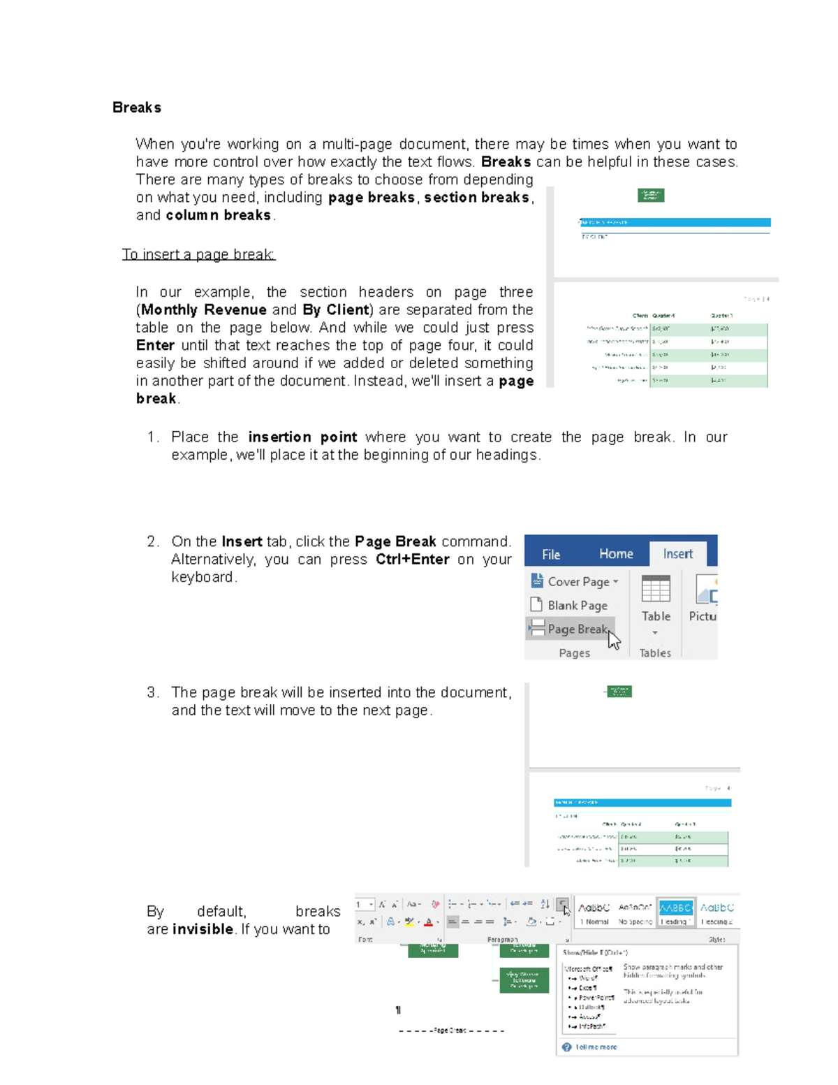 Breaks - When you're working on a multi-page document, there may be ...