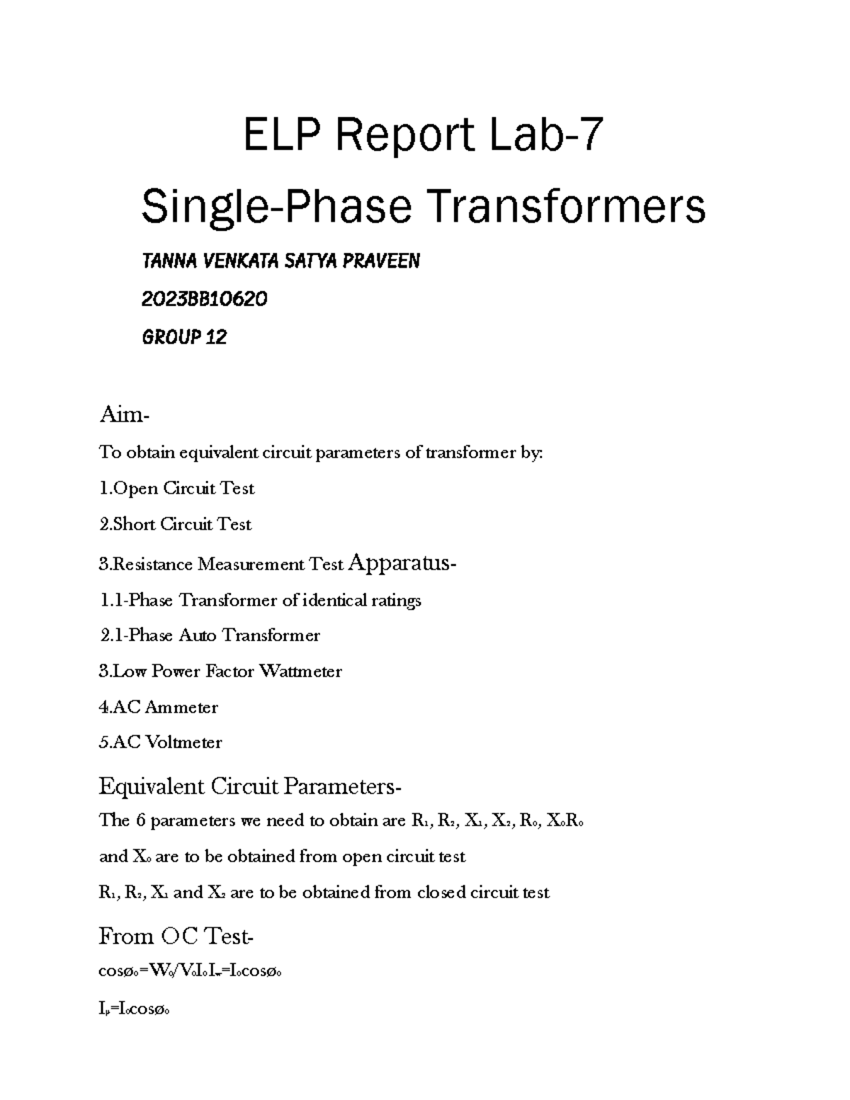 ELP Report Lab 7 - Lab 7 - ELP Report Lab- 7 Single-Phase Transformers ...