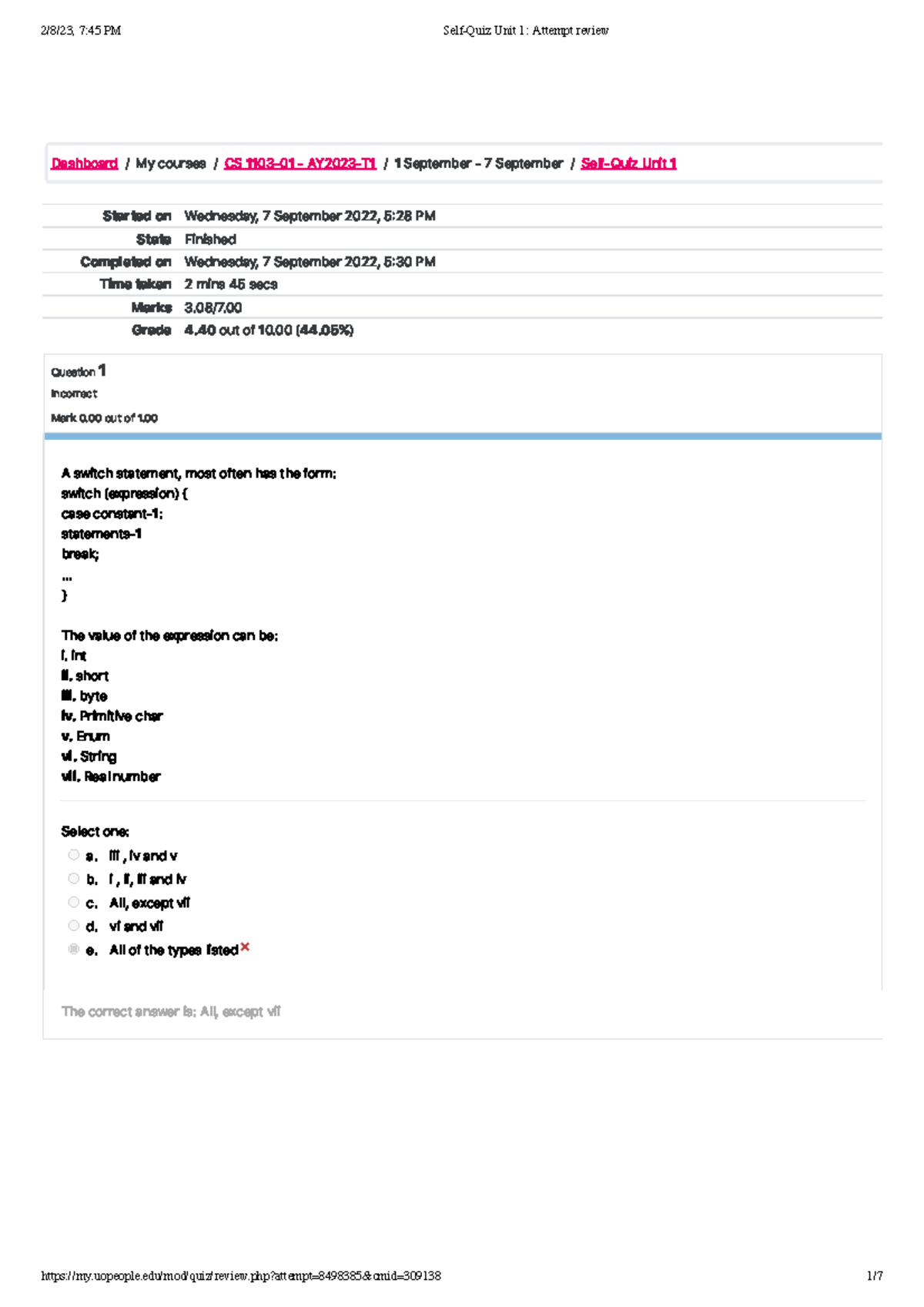 SQ Unit 1 CS 1103 - Started on Wednesday, 7 September 2022 , 528 PM State Finished Completed on ...