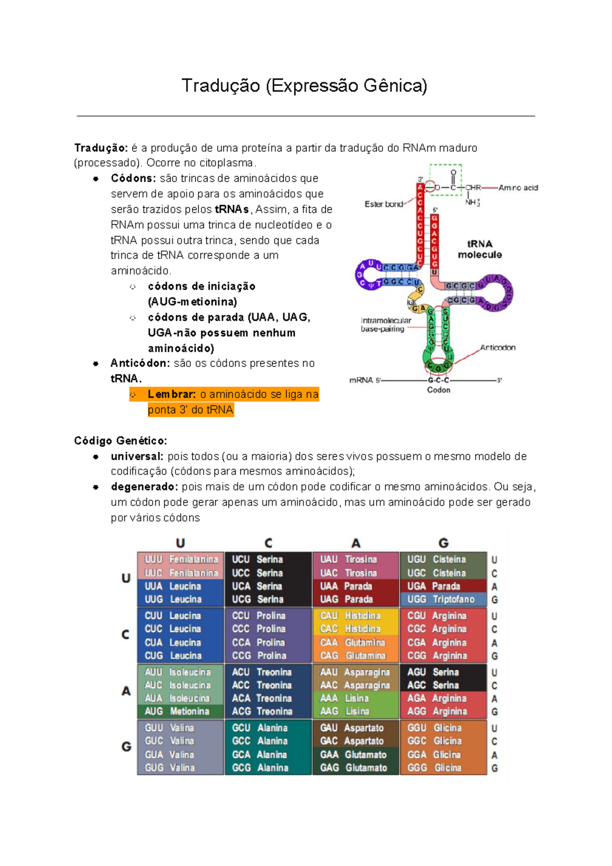 Tradução (Expressão Gênica) - Tradução (Expressão Gênica) Tradução: é a ...