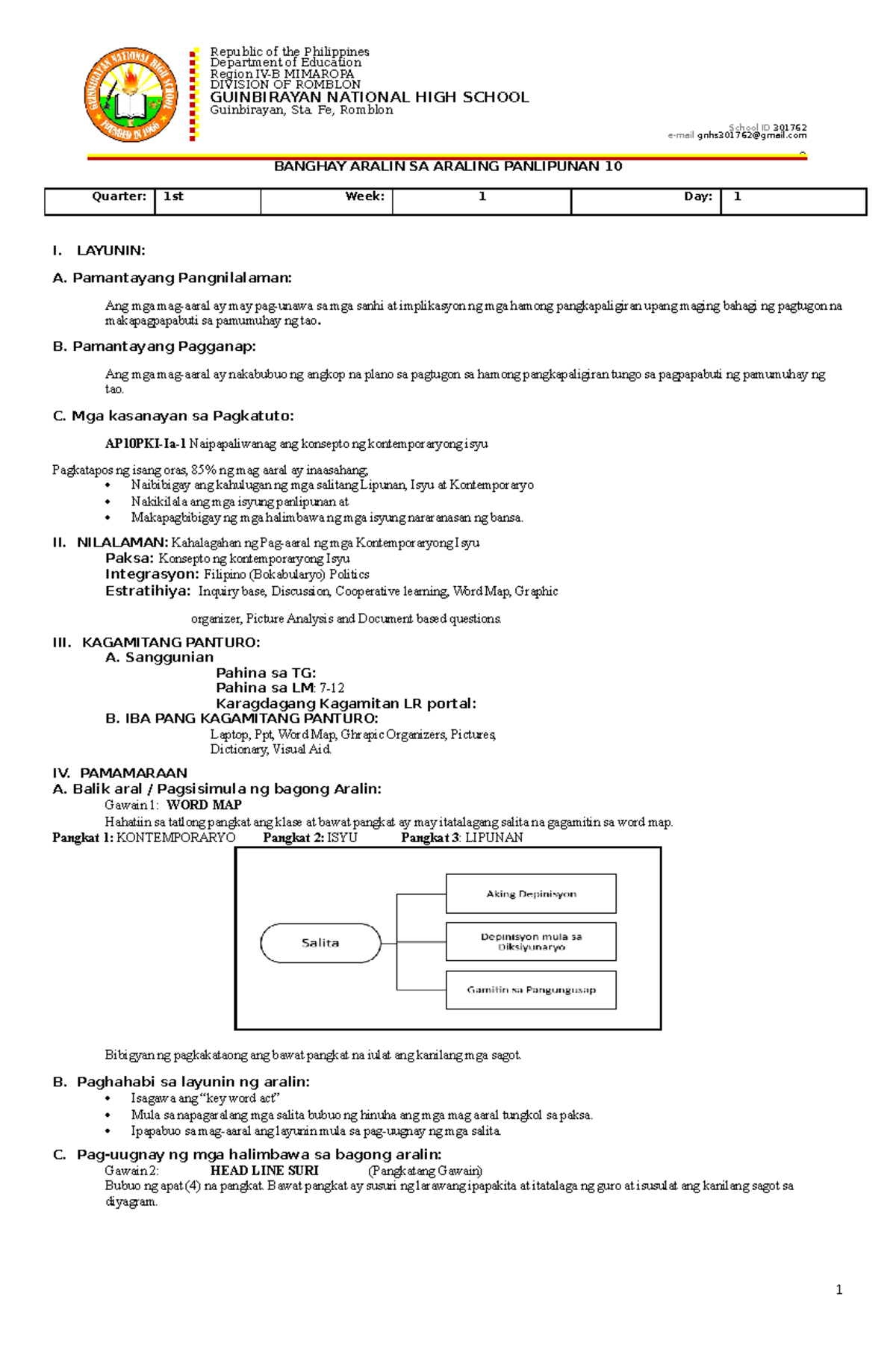 G10 DLP - DLP - BANGHAY ARALIN SA ARALING PANLIPUNAN 10 ####### Quarter: 1st Week: 1 Day: 1 I ...
