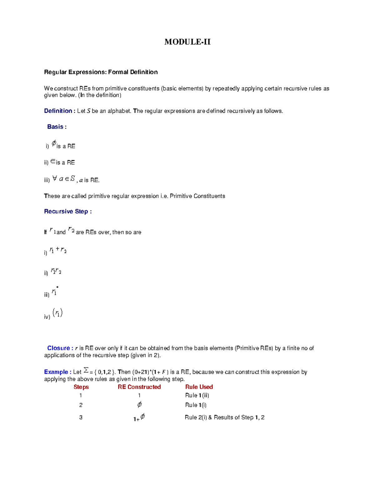 Lecture 2 - MODULE-II Regular Expressions: Formal Definition We construct REs from primitive ...