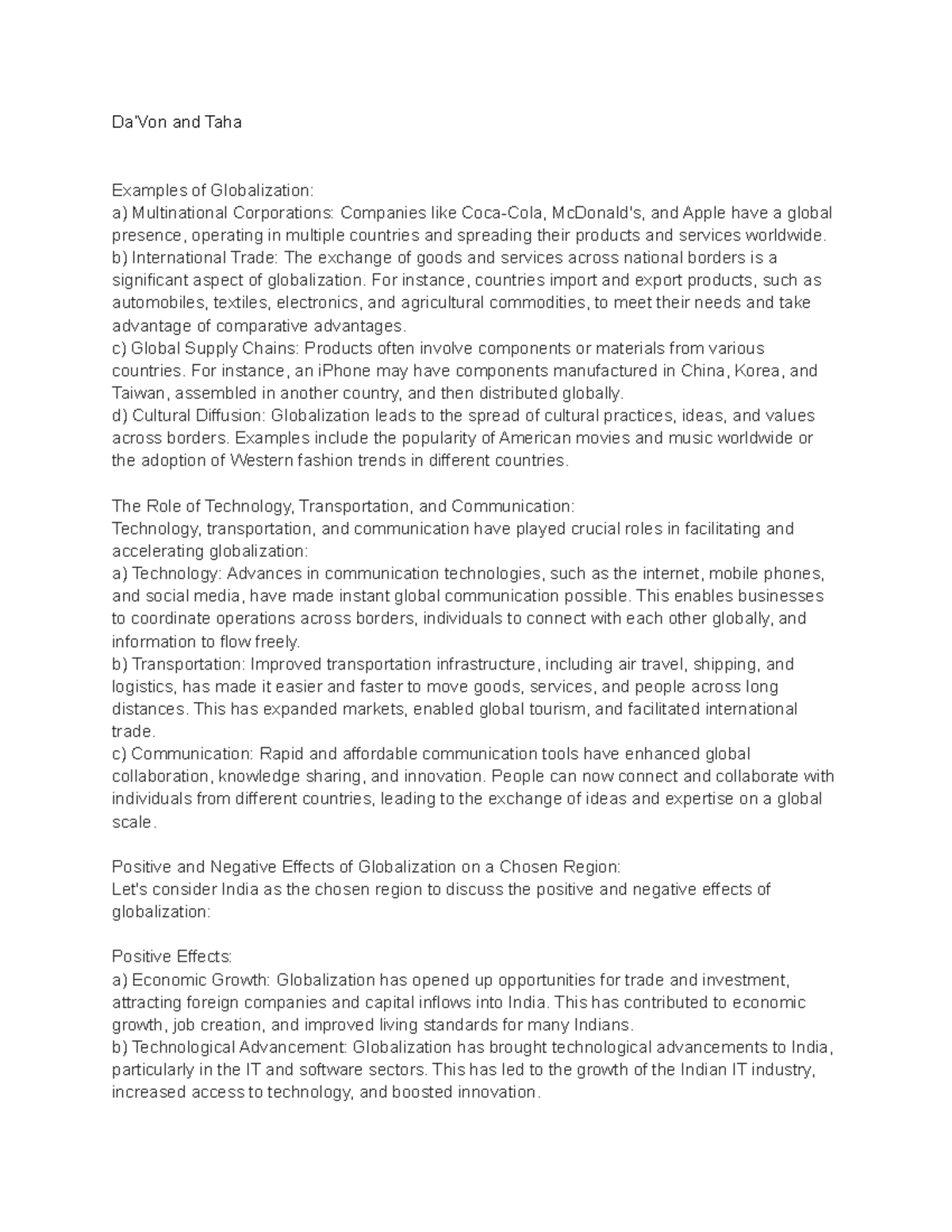 Exploring Globalization - Da’Von and Taha Examples of Globalization: a ...