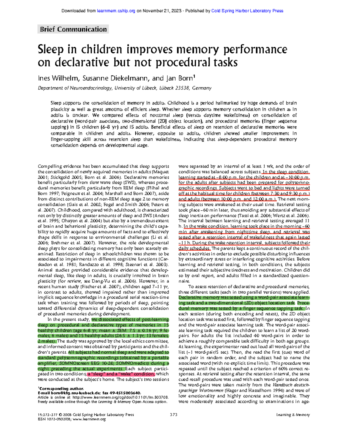 Learn. Mem - sleep and memory article - Sleep in children improves memory performance on ...