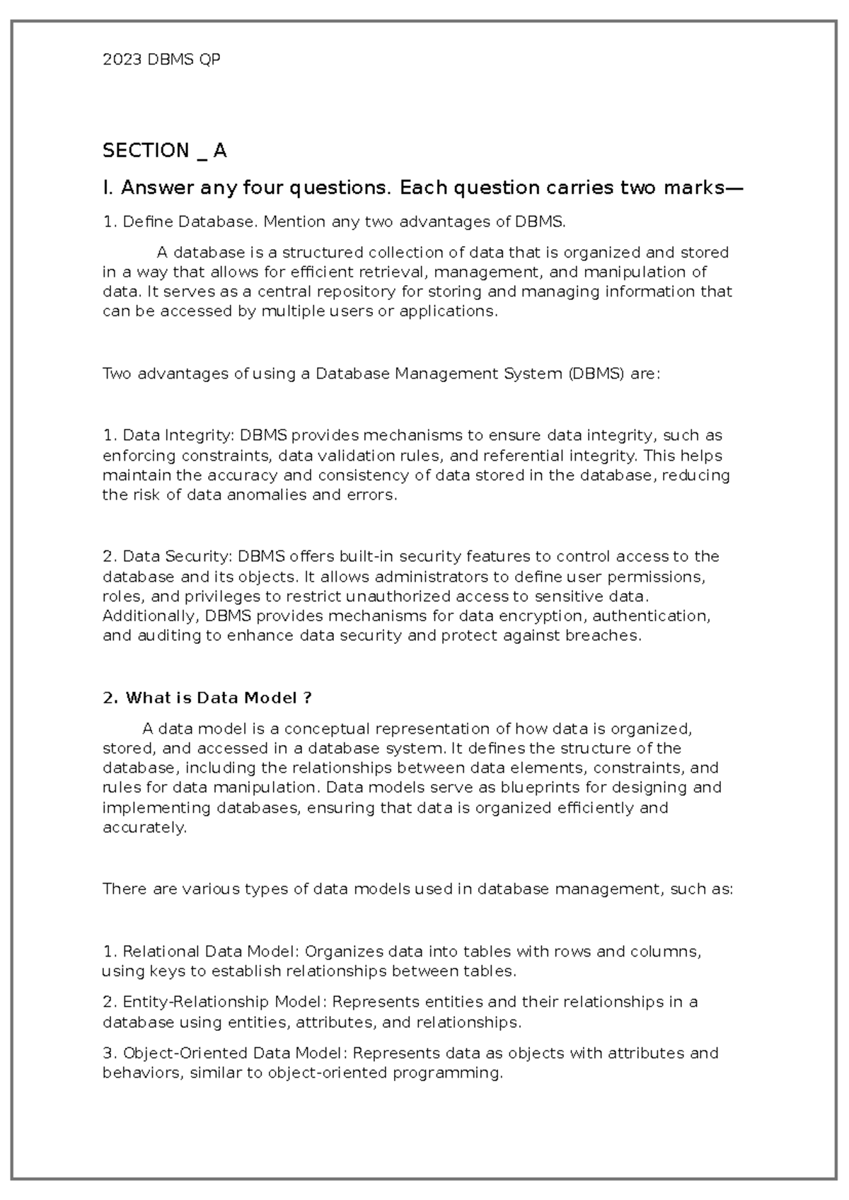 Dbms Solved Paper 2023 Section A L Answer Any Four Questions Each Question Carries Two