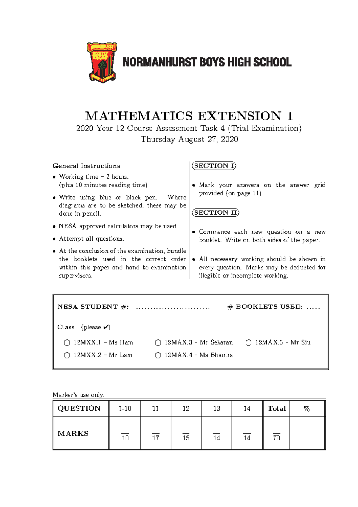 Normanhurst Extension 1 Trial 2020 - MATHEMATICS EXTENSION 1 2020 Year ...