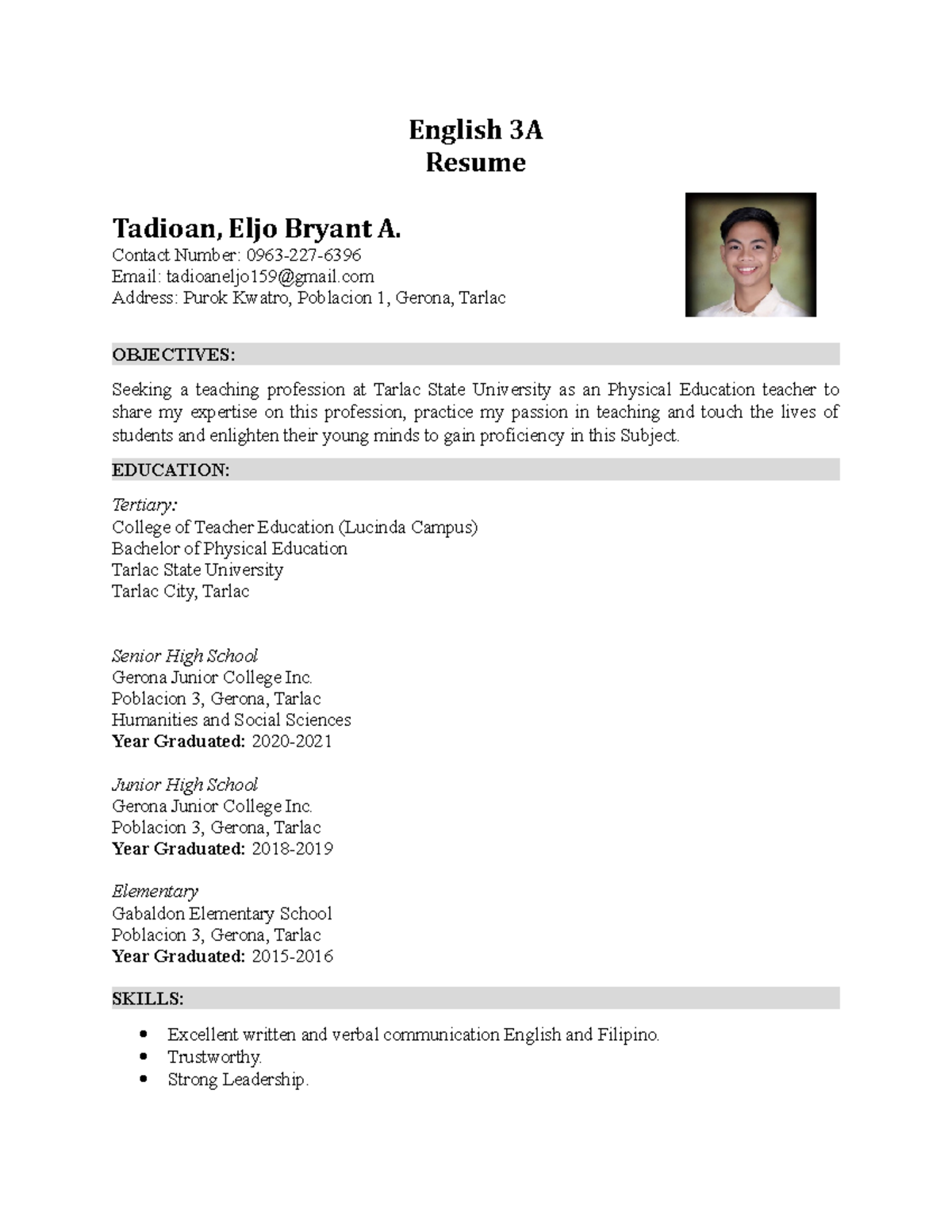 BPE 1A. Assesment 2 Tadioan, ELJO Bryant A - English 3A Resume Tadioan ...