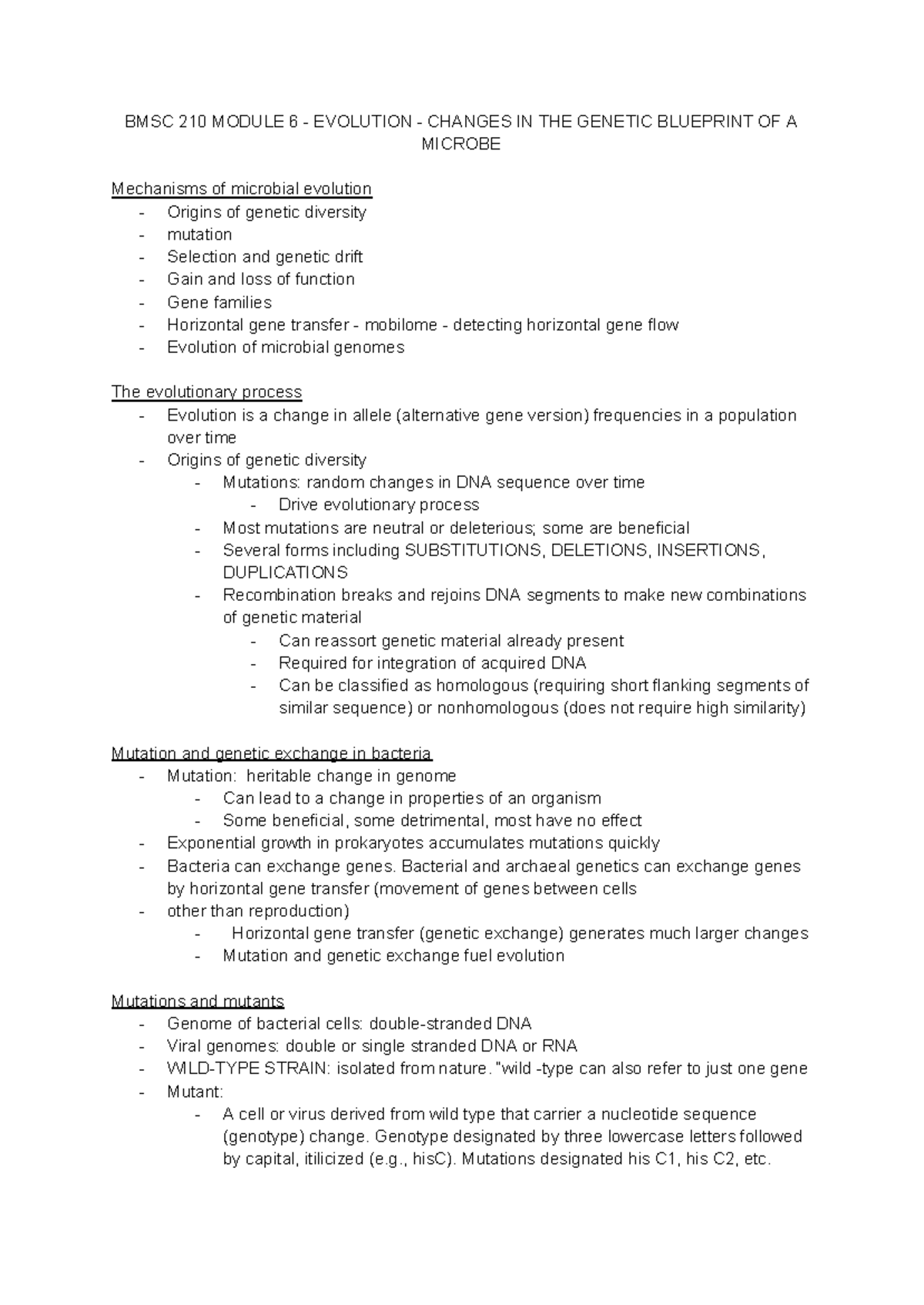 BMSC 210 - Module 6 -2 - BMSC 210 MODULE 6 - EVOLUTION - CHANGES IN THE GENETIC BLUEPRINT OF A ...