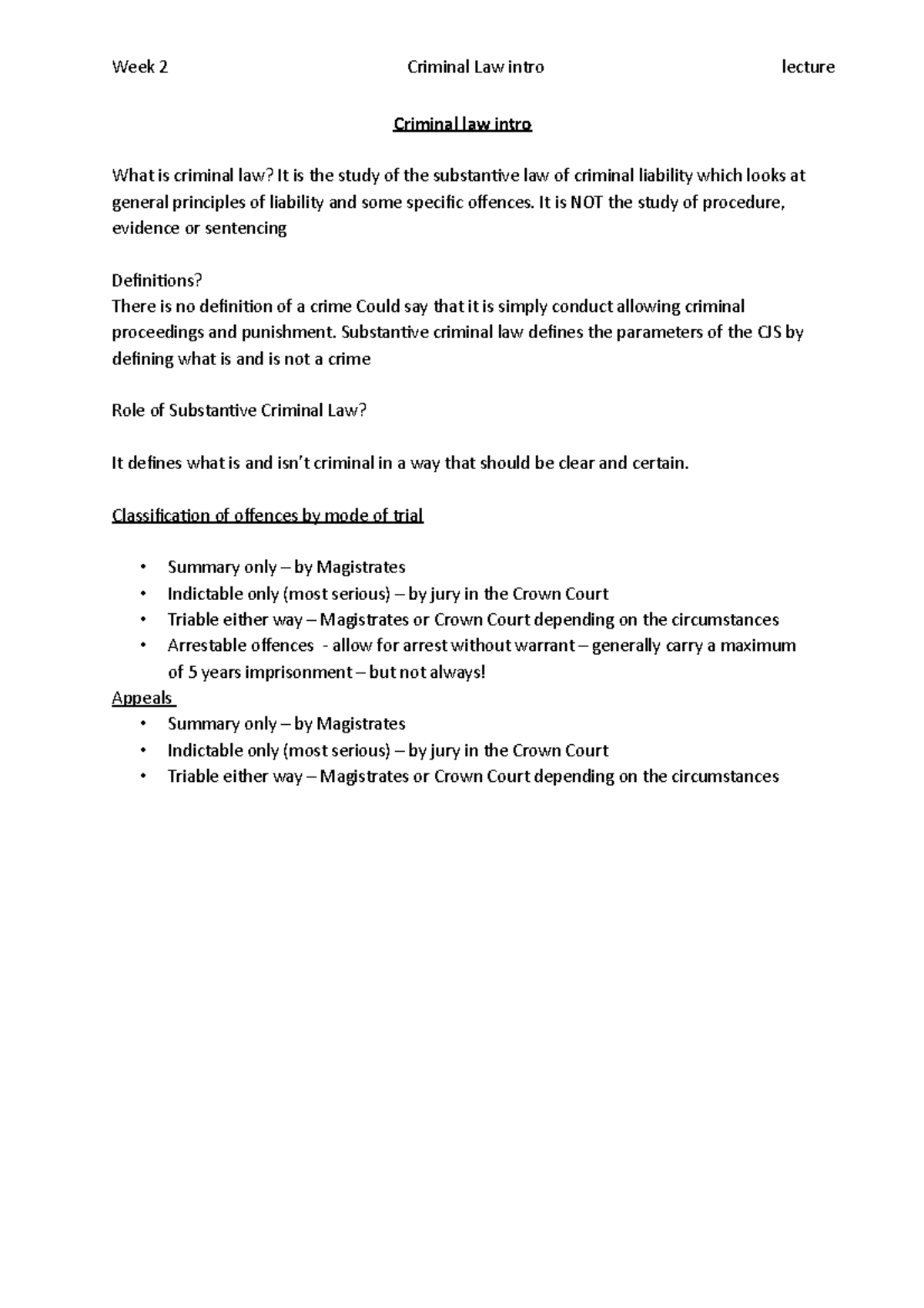 Criminal law intro - lecture - Week 2 Criminal Law intro lecture ...