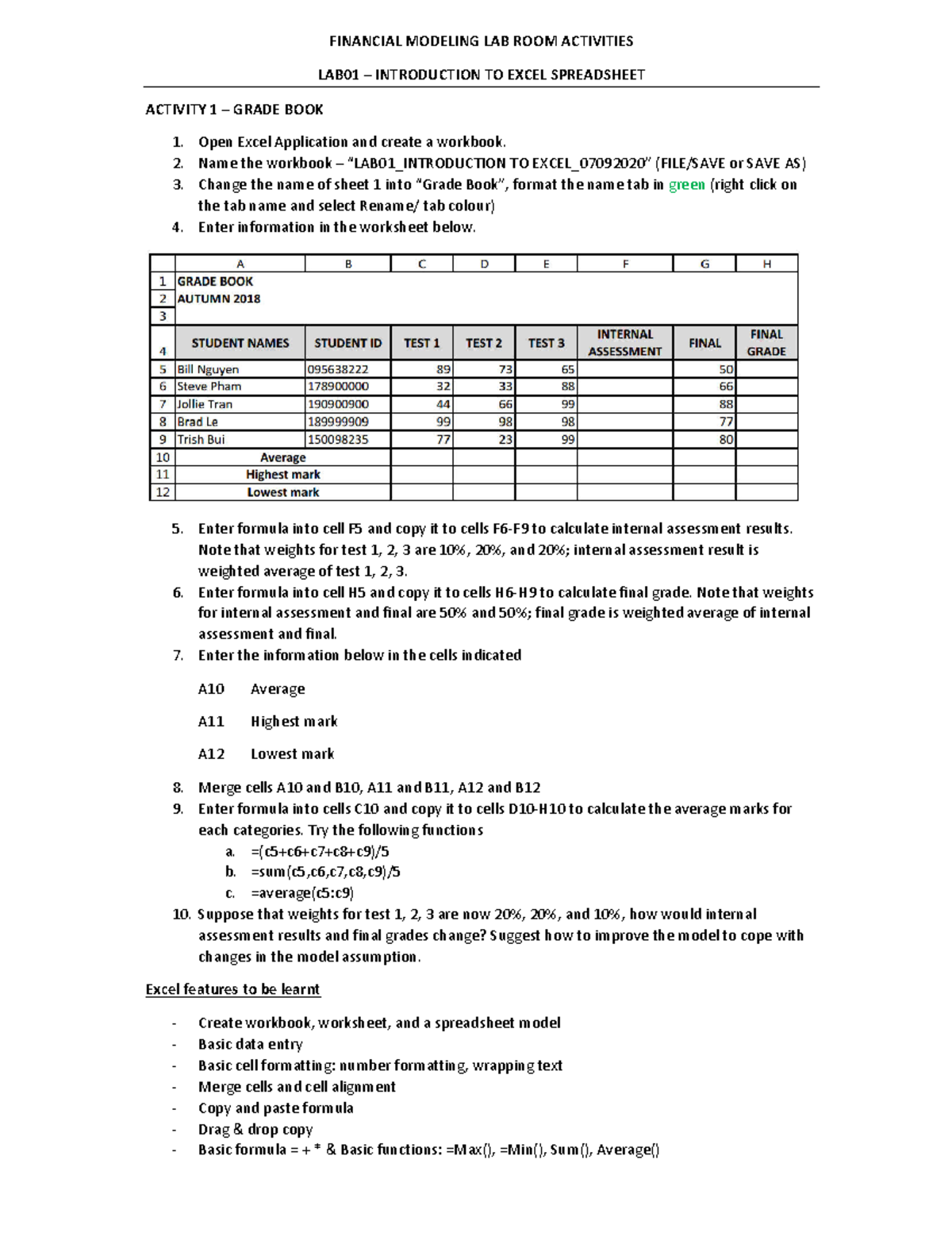LAB01 Introduction TO Excel Spreadsheet 2020 - FINANCIAL MODELING LAB ROOM ACTIVITIES LAB01 ...