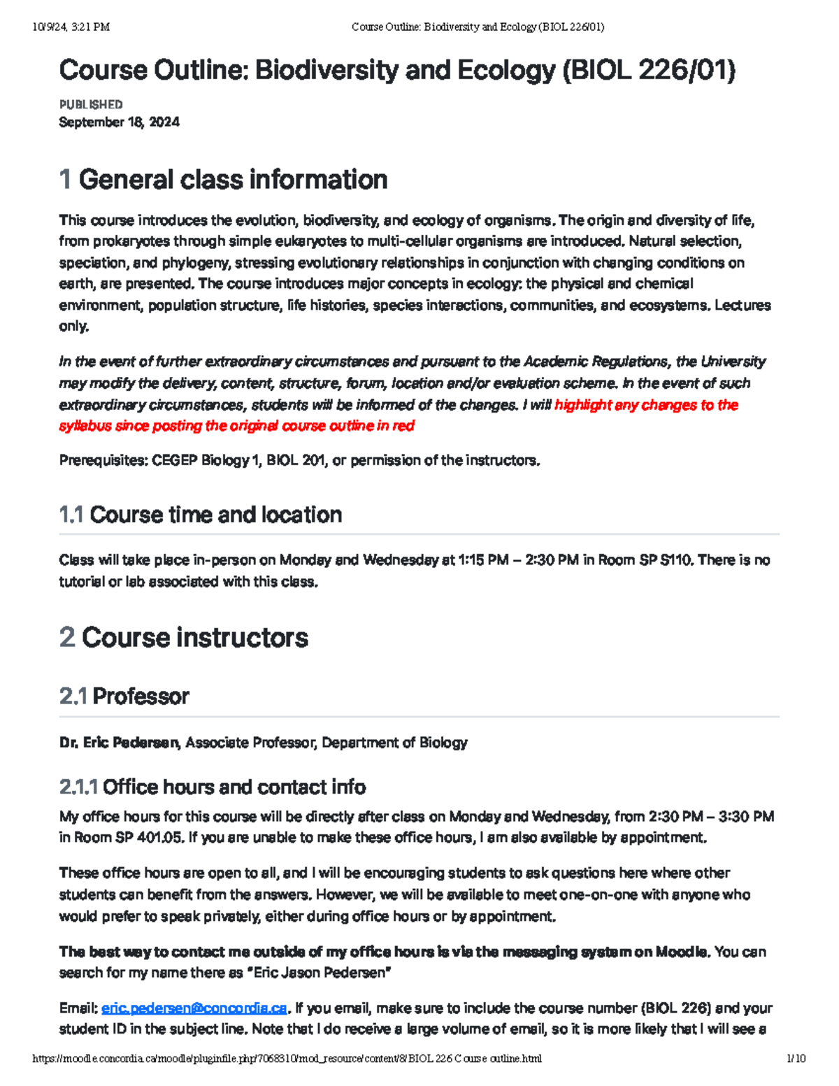 Course Outline Biodiversity and Ecology (BIOL 226 01) - 1 General class ...