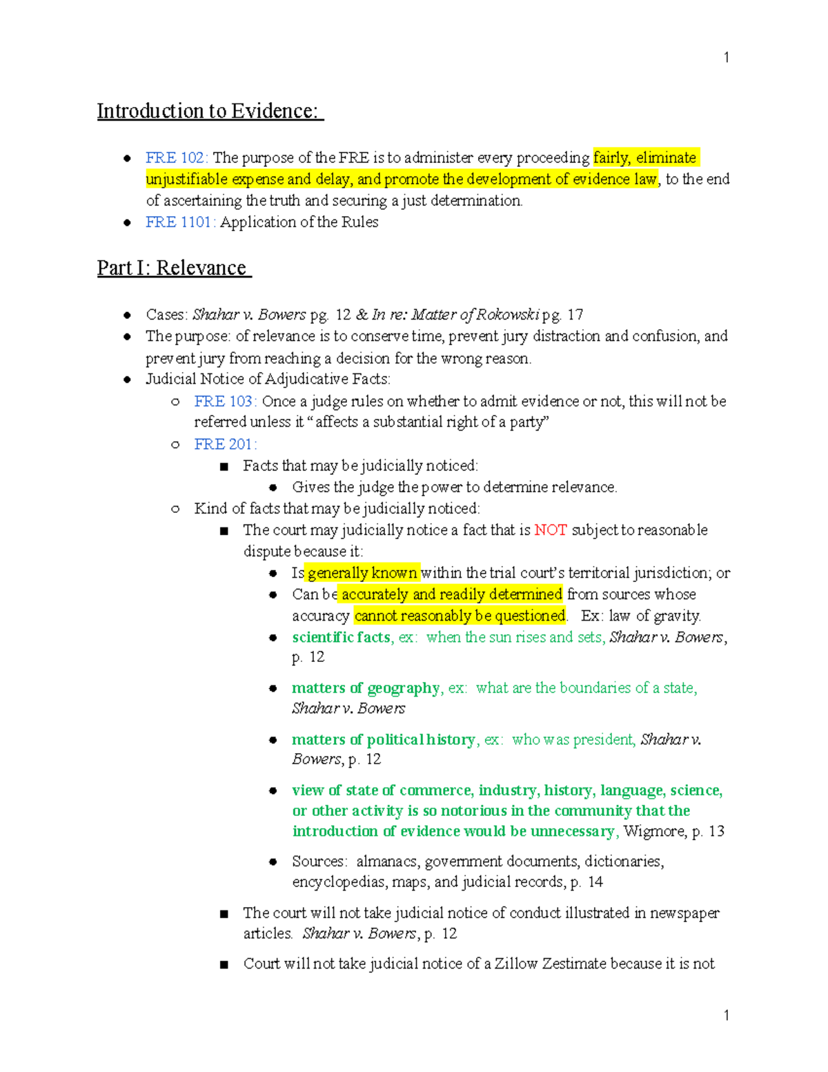 Evidence Outline Final Spring 2023 - Introduction to Evidence: FRE 102 ...