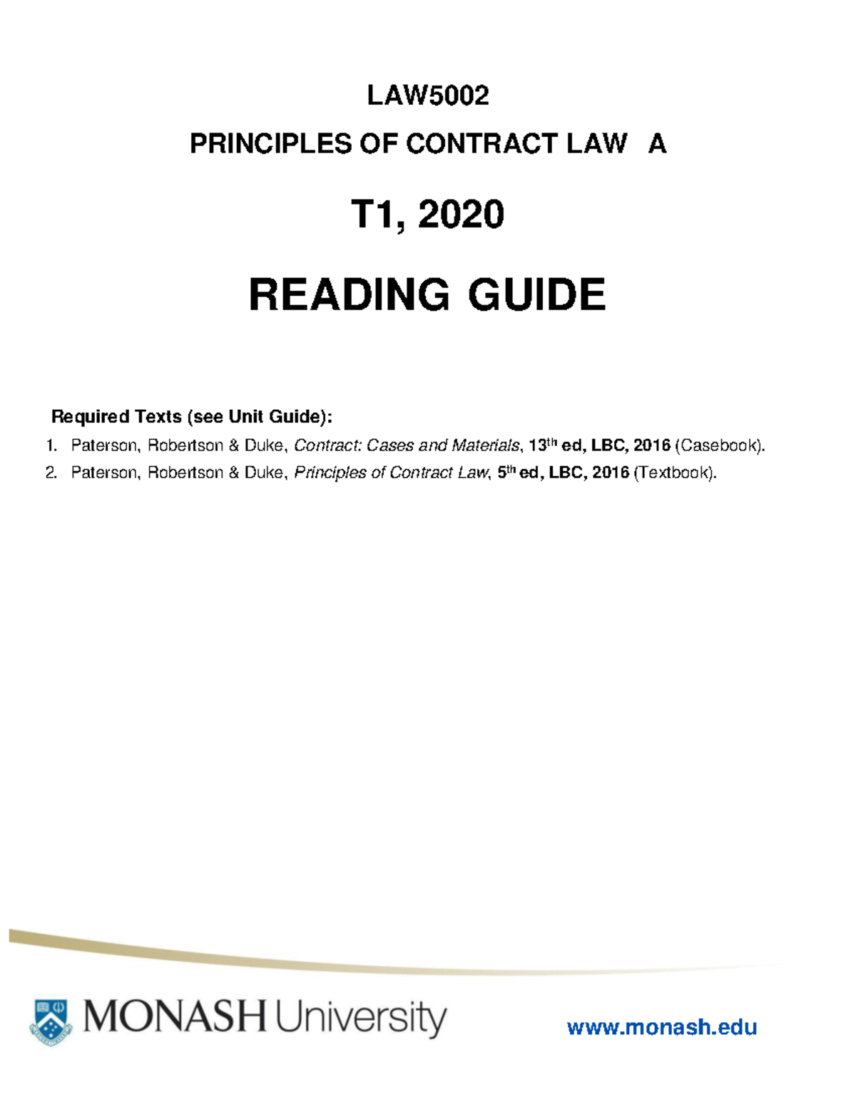 LAW5002 Contract A Reading Guide 2020 - Trimester 1 - LAW PRINCIPLES OF ...