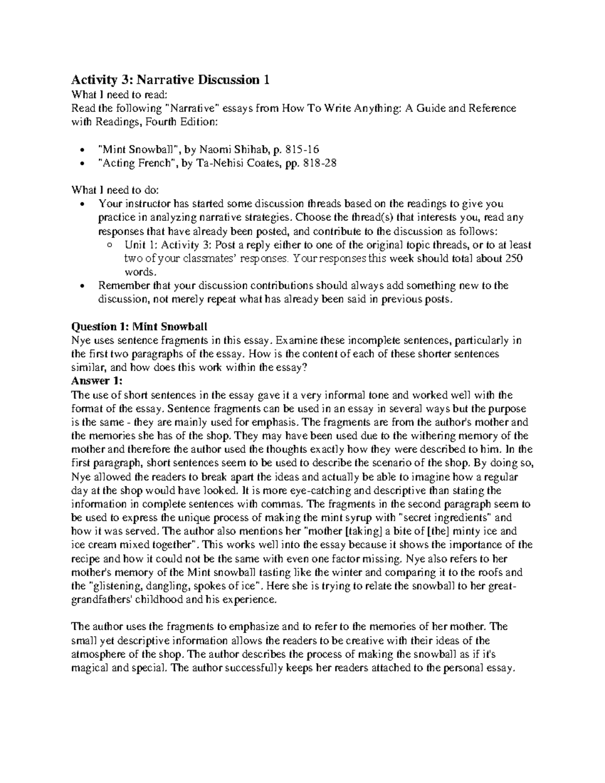 Unit 1 - Activity 3 - Narrative Discussion 1 - Activity 3: Narrative ...