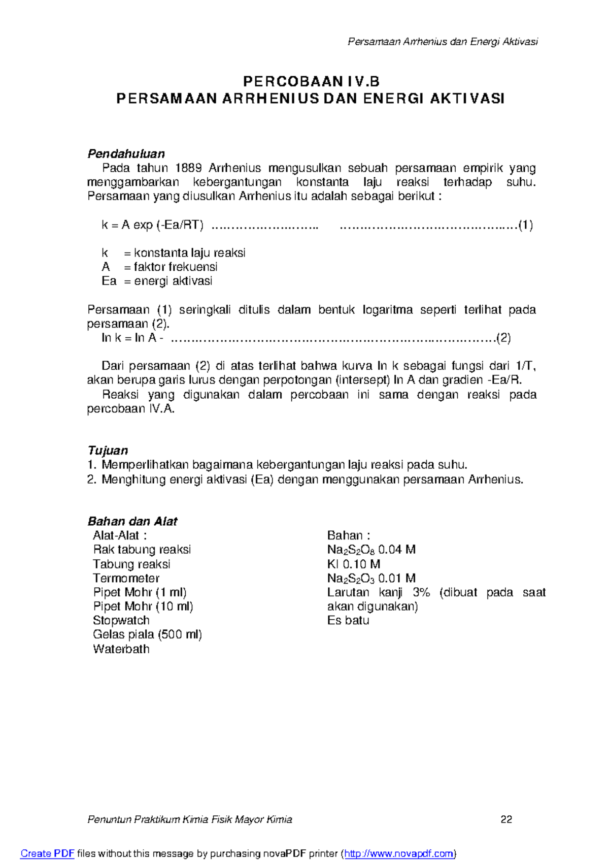 Percobaan IVB - Persamaan Arrhenius dan Energi Aktivasi - Persamaan ...