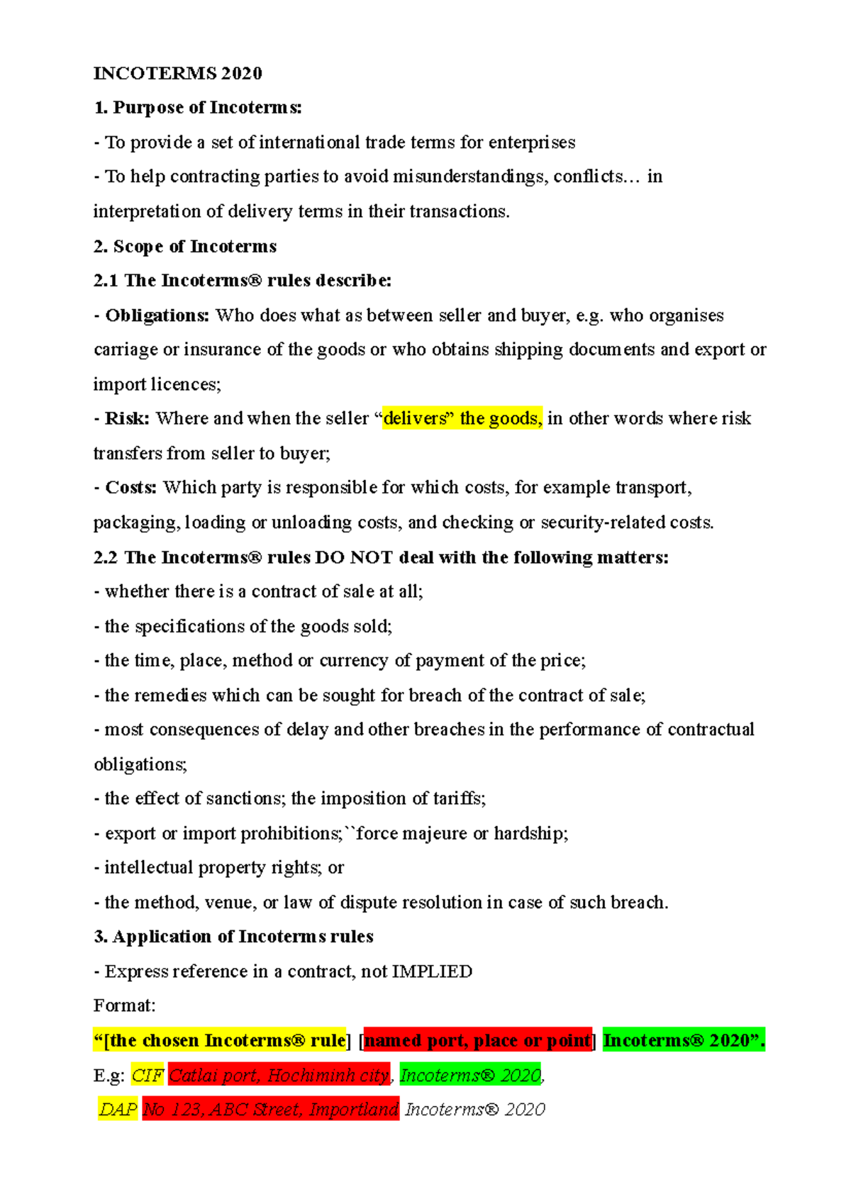 BÀI-ÔN - Bsbsbd - INCOTERMS 2020 1. Purpose of Incoterms: To provide a ...