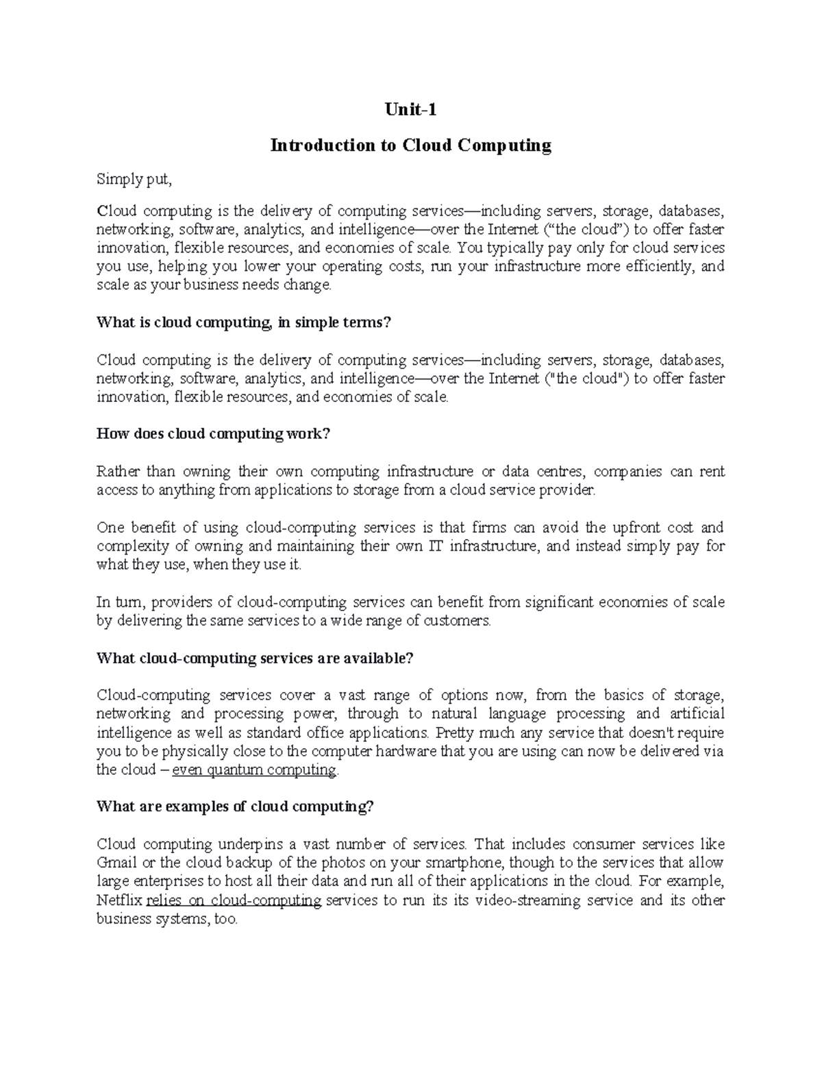 UNIT-1 Introduction TO Cloud Computing - Unit- Introduction to Cloud ...