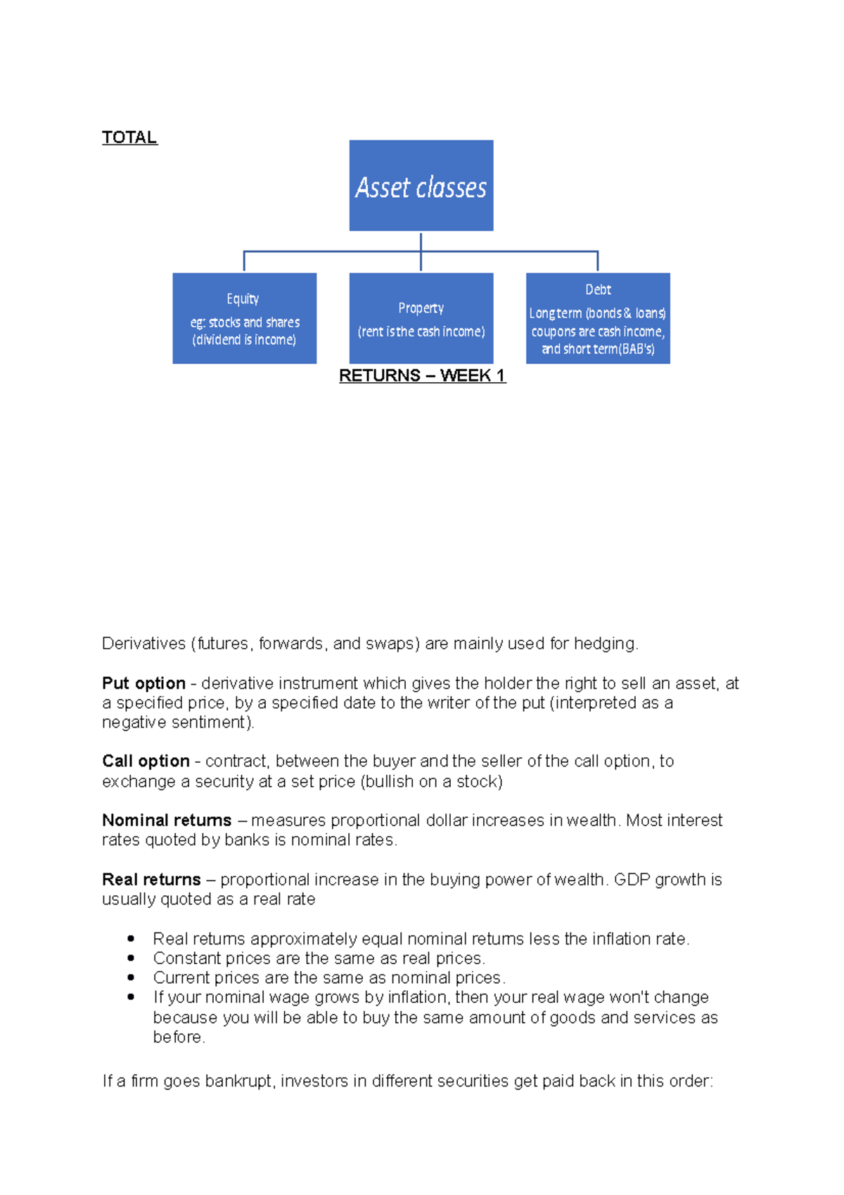Finance cheat sheet copy - TOTAL RETURNS – WEEK 1 Derivatives (futures ...
